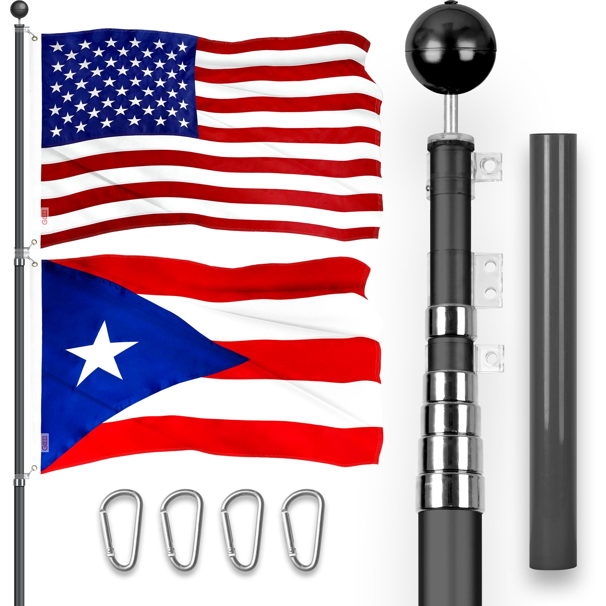 G128 Combo Pack: 25 Ft Telescoping Aluminum Flagpole (Black) & American ...