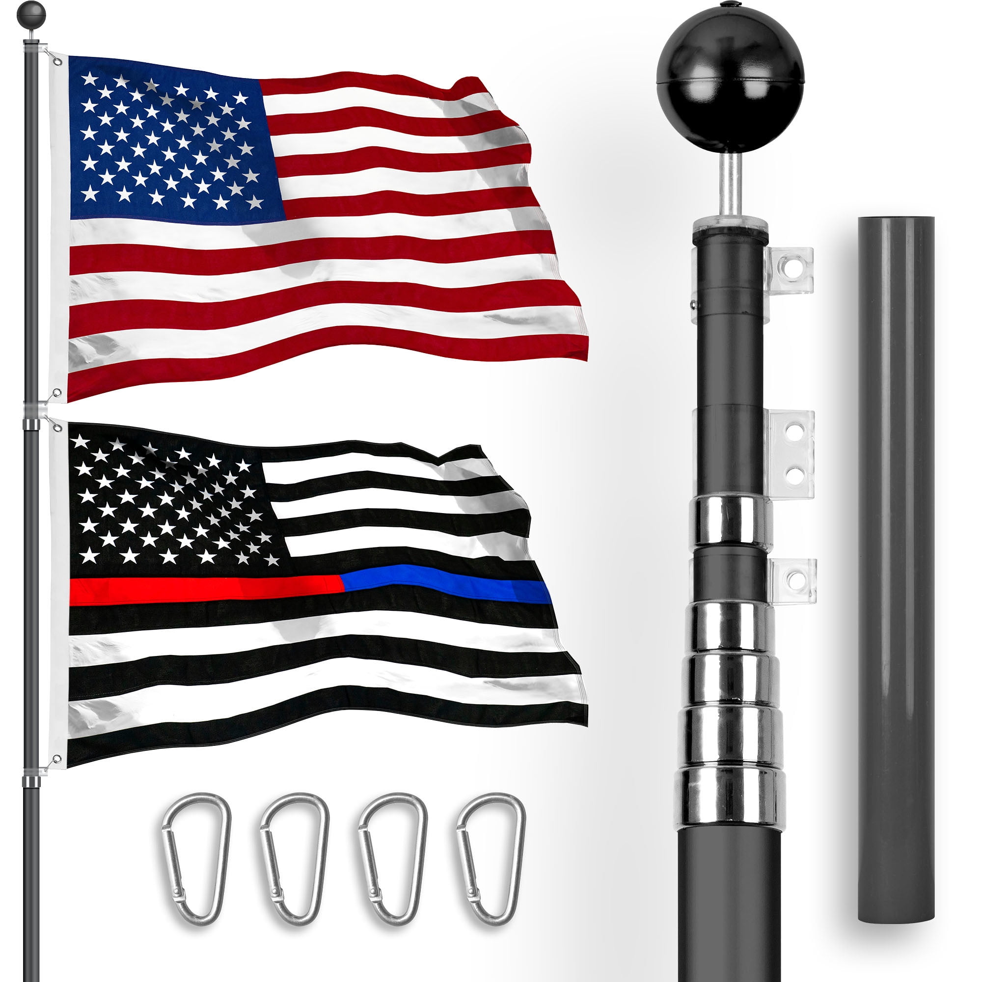 G128 Combo Pack: 25 Ft Telescoping Aluminum Flagpole (Black) & American ...
