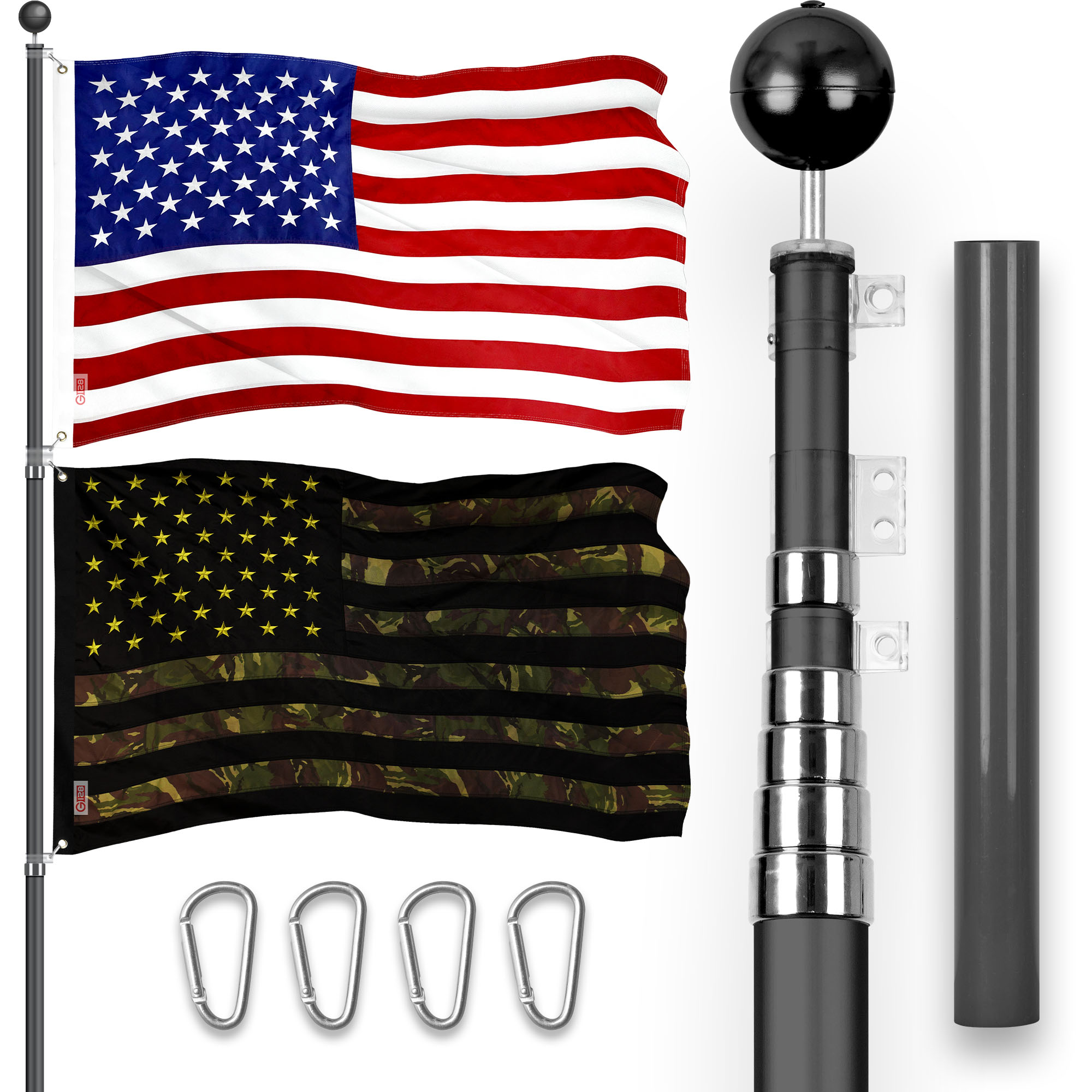 G128 Combo Pack: 25 Ft Telescoping Aluminum Flagpole (Black) & American ...