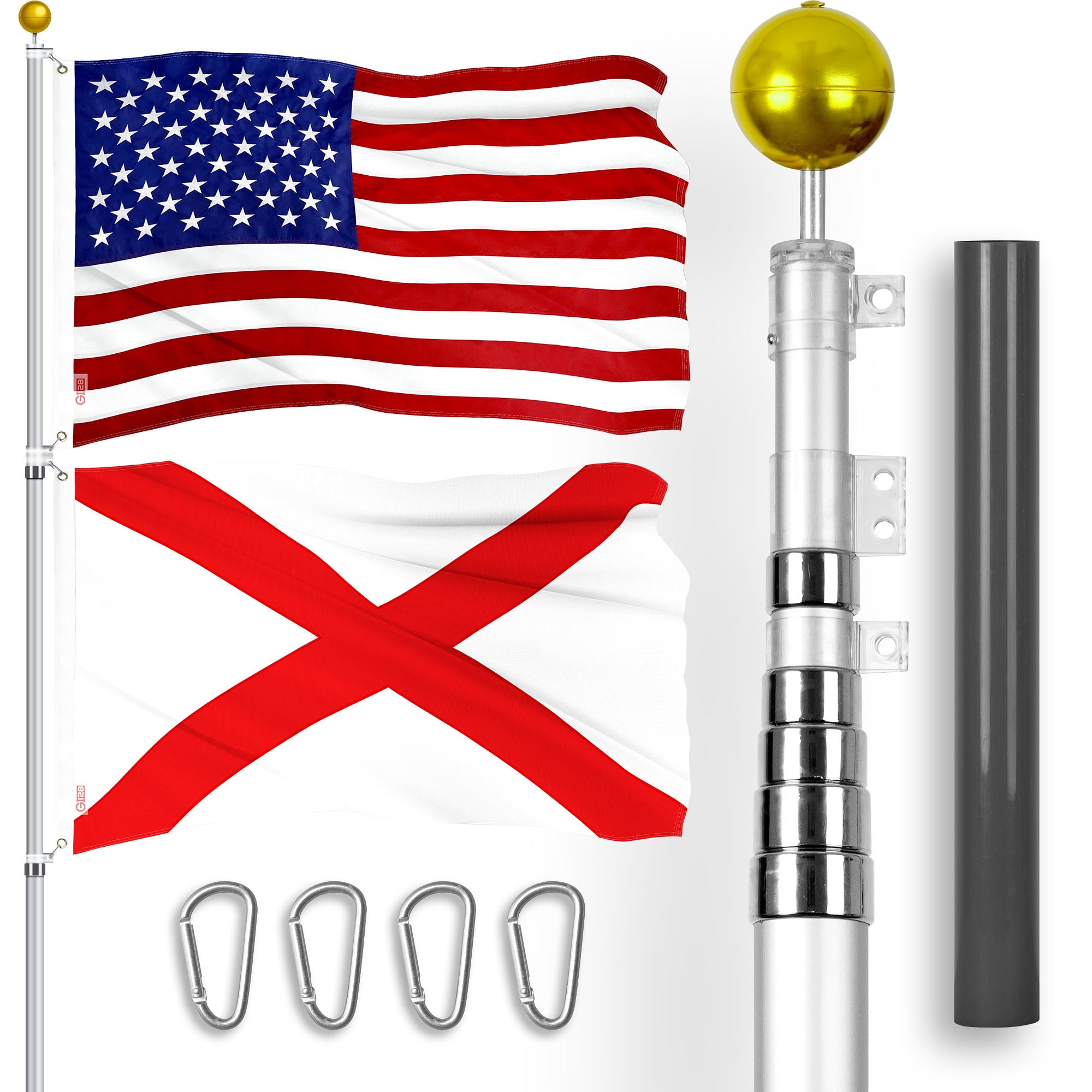 G128 Combo Pack: 25 Ft Telescoping Aluminum Flagpole (Silver ...