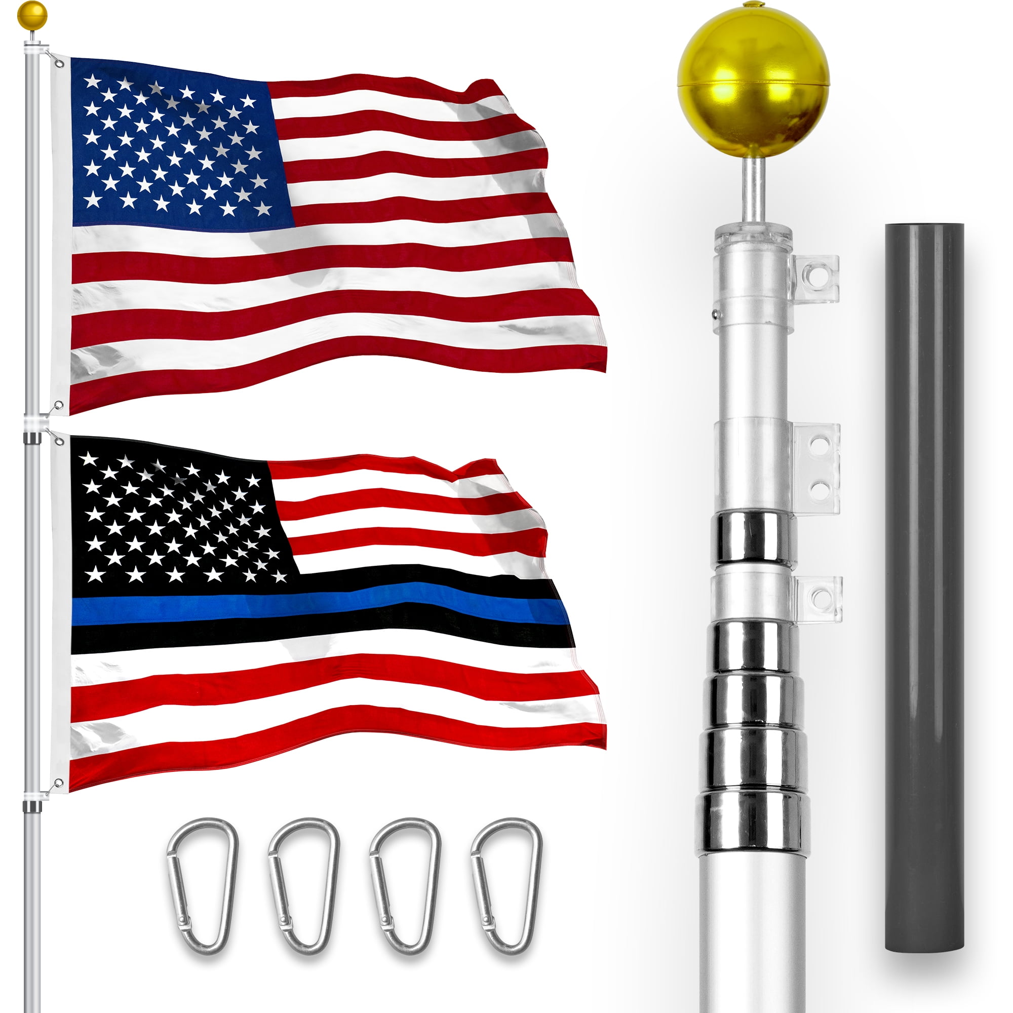 G128 Combo Pack: 25 Ft Telescoping Aluminum Flagpole (Silver ...