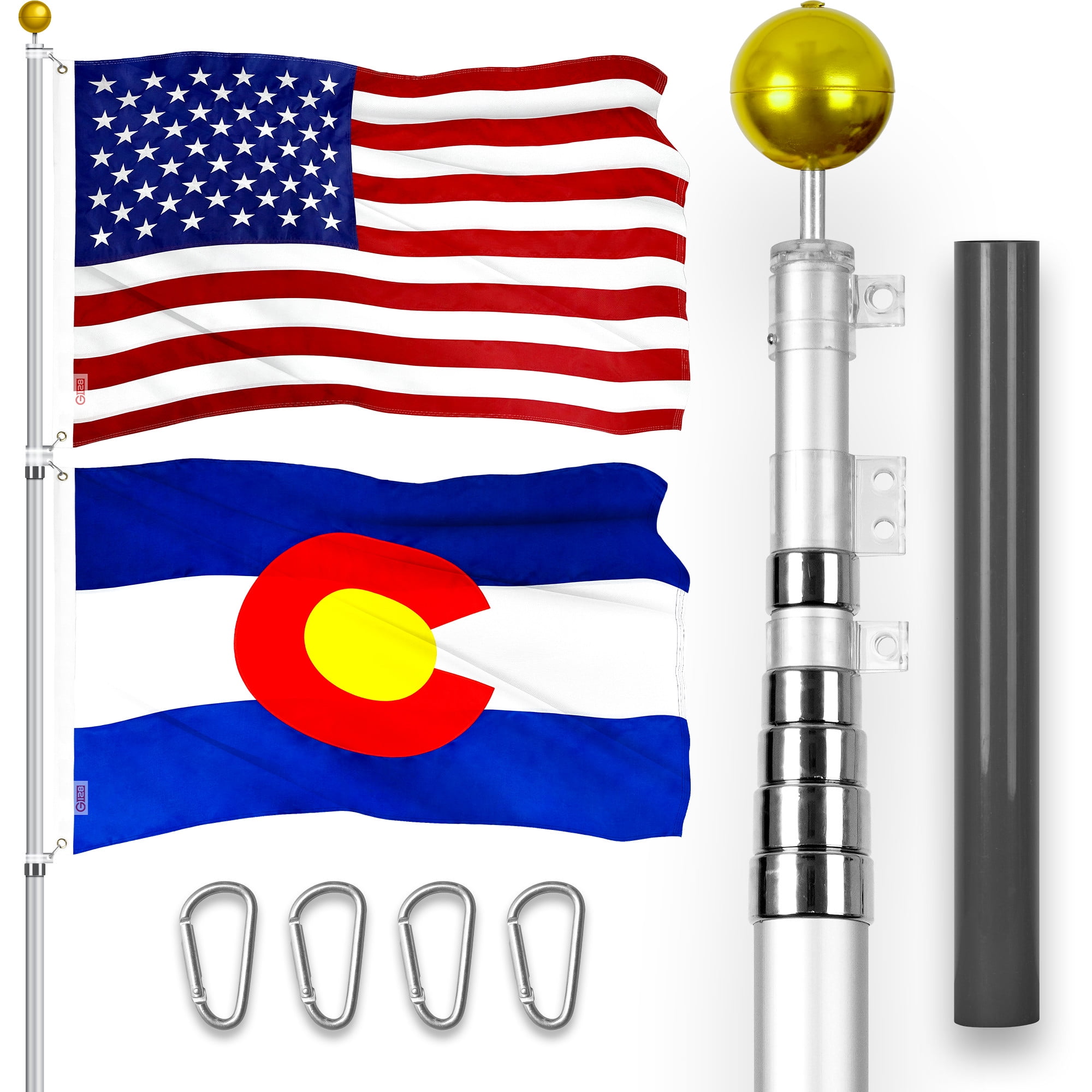G128 Combo Pack: 25 Ft Telescoping Aluminum Flagpole (Silver) & American and Colorado Flags 3x5 ...