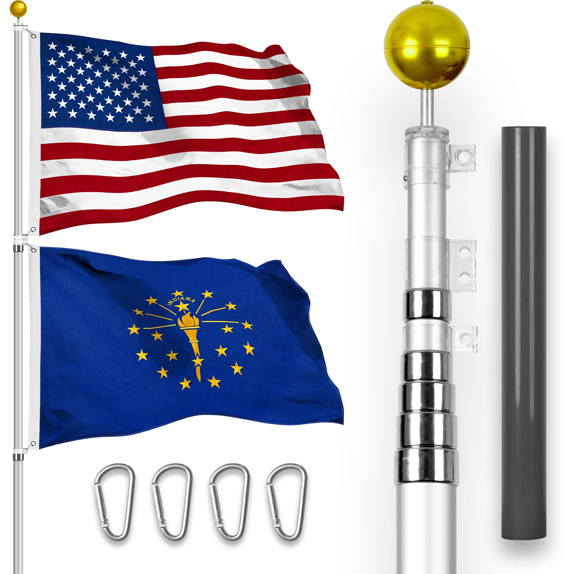 G128 Combo Pack: 25 Ft Telescoping Aluminum Flagpole (Silver ...