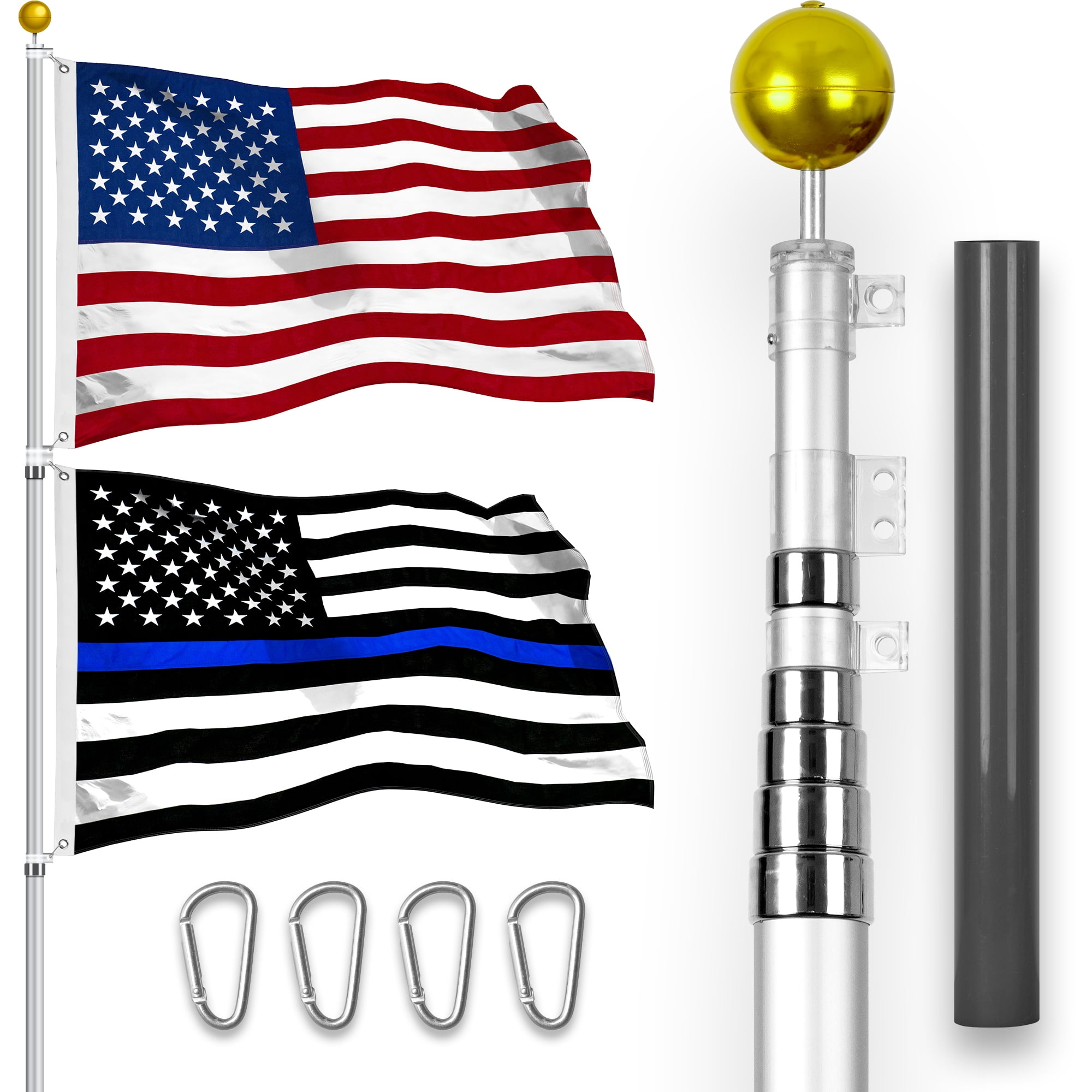 G128 Combo Pack: 25 Ft Telescoping Aluminum Flagpole (Silver ...