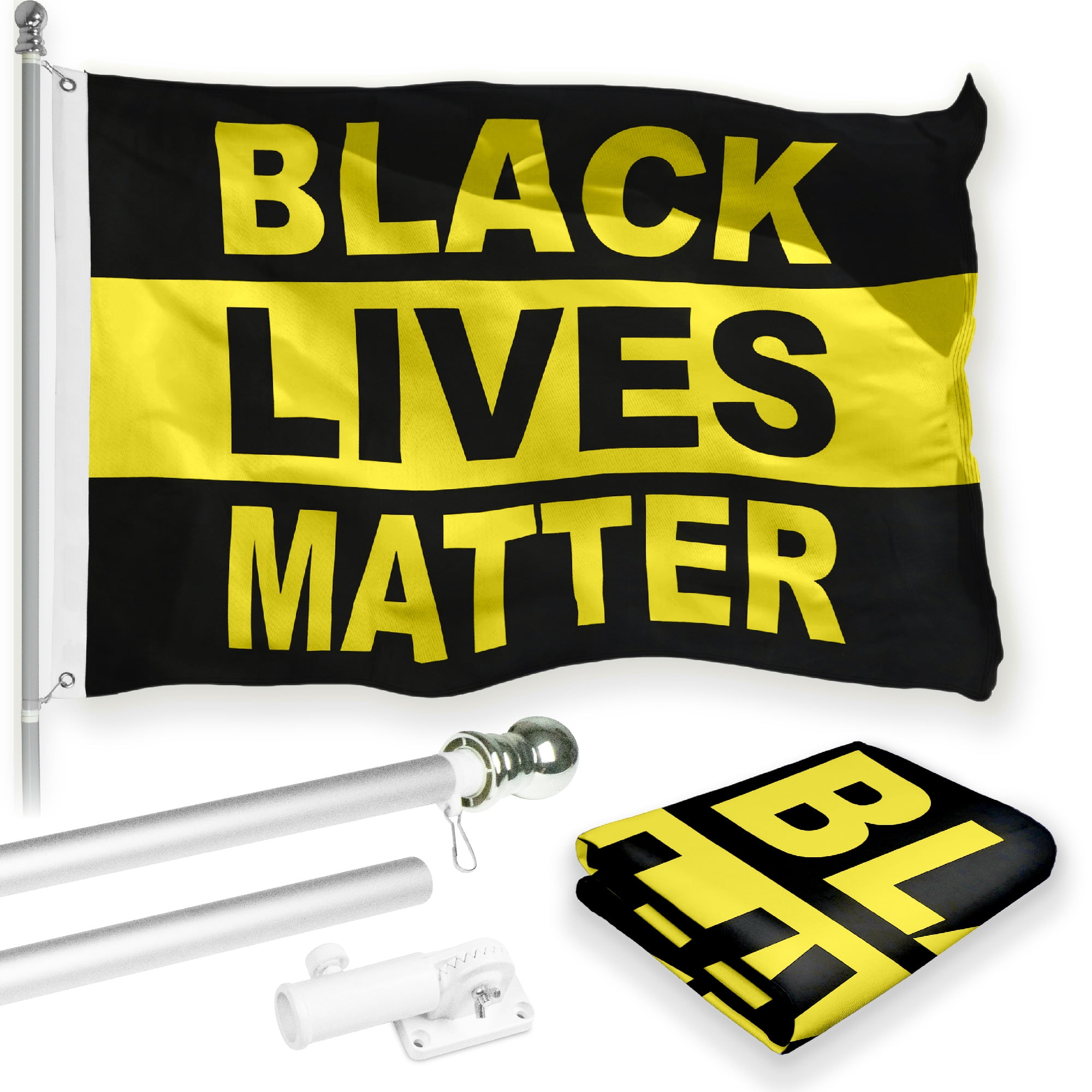 G128 Combo Pack: 6 Feet Tangle Free Spinning Flagpole (Silver) Black Lives Matter (Black/Yellow ...