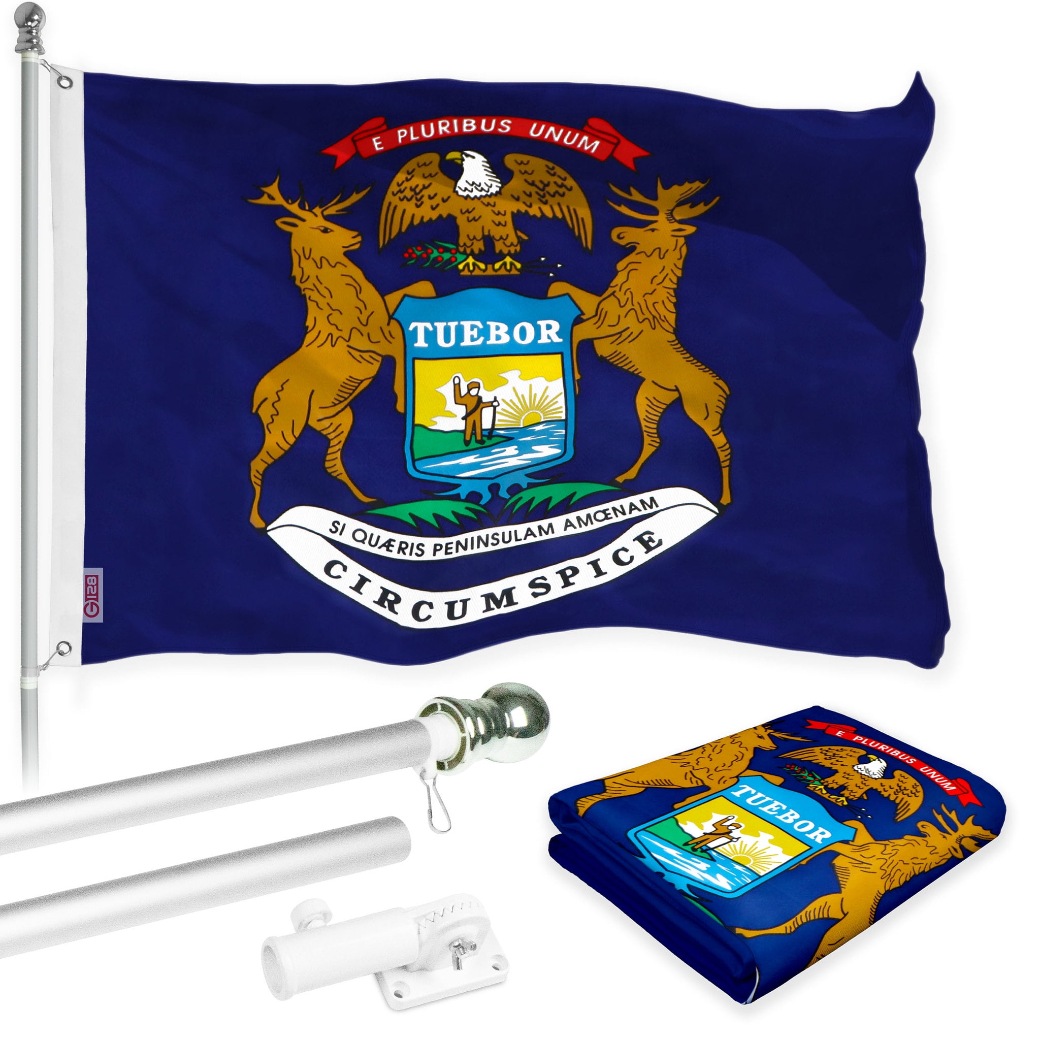 G128 Combo Pack: 6 Feet Tangle Free Spinning Flagpole (Silver) Michigan ...
