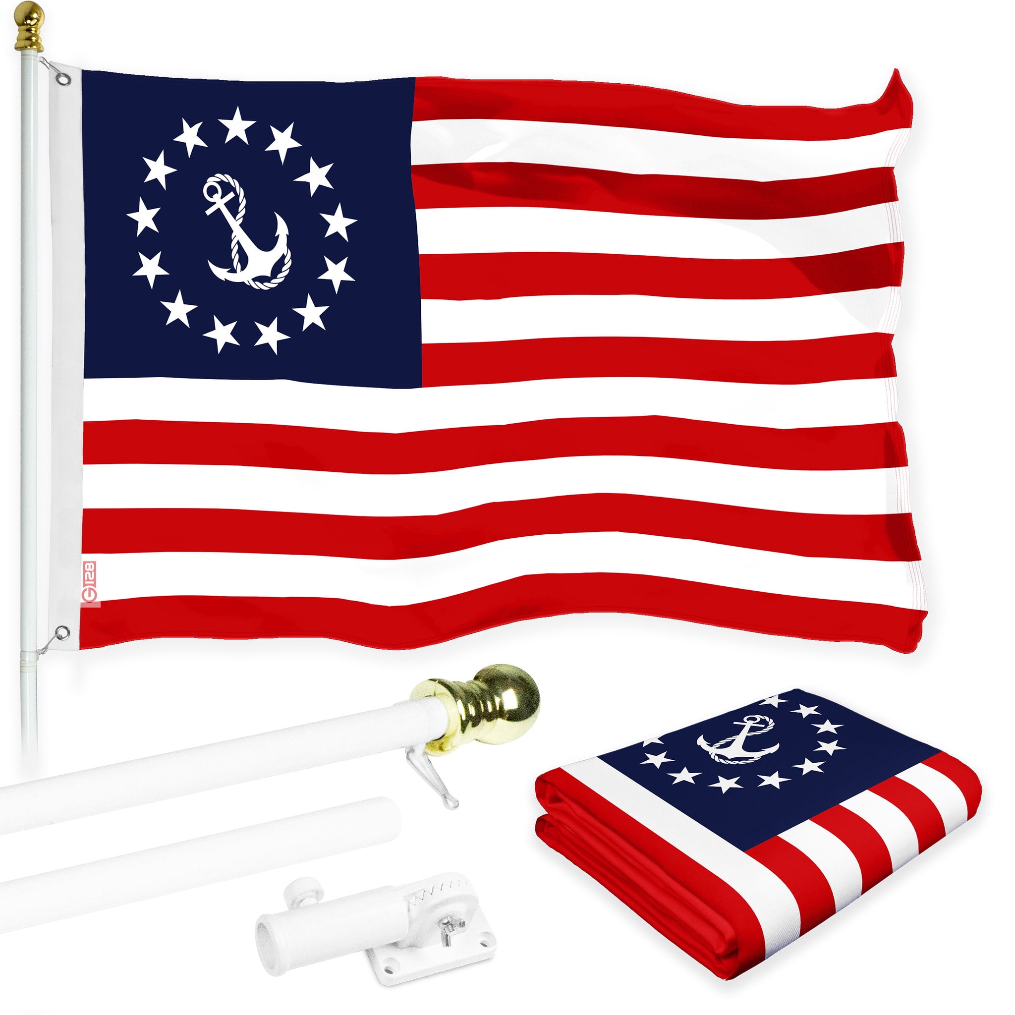 G128 Combo Pack: 6 Ft Tangle Free Aluminum Spinning Flagpole (White ...