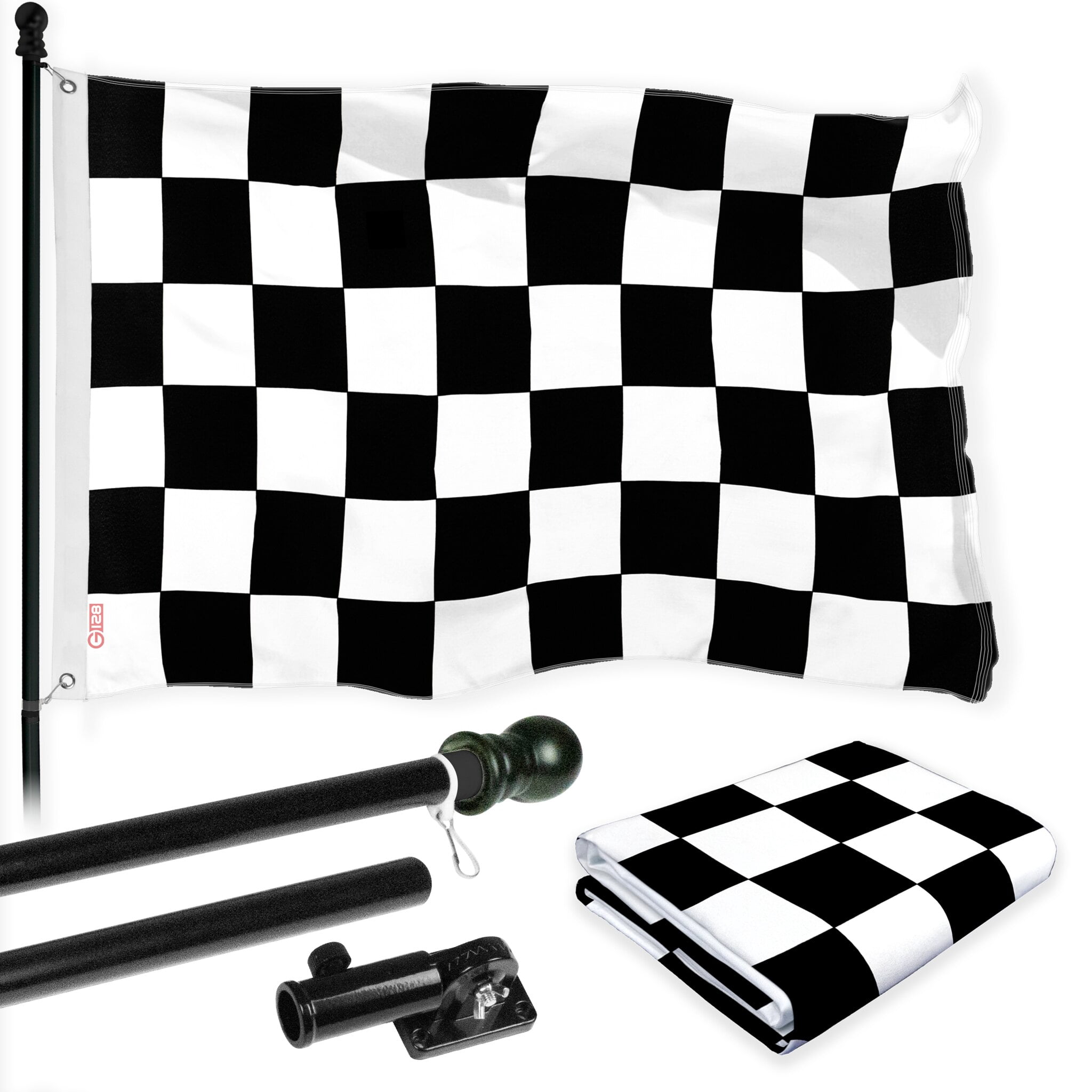 G128 Combo Pack: 6 Ft Tangle Free Spinning Flagpole (Black) & Checkered ...