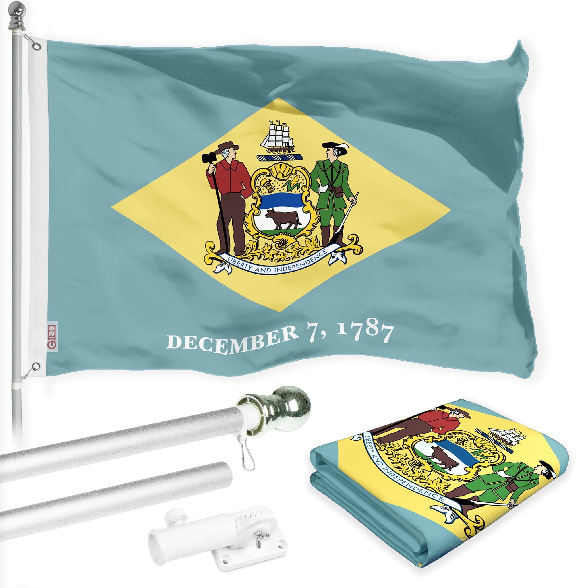 G128 Combo Pack: 6 Ft Tangle Free Spinning Flagpole (Silver) & Delaware ...