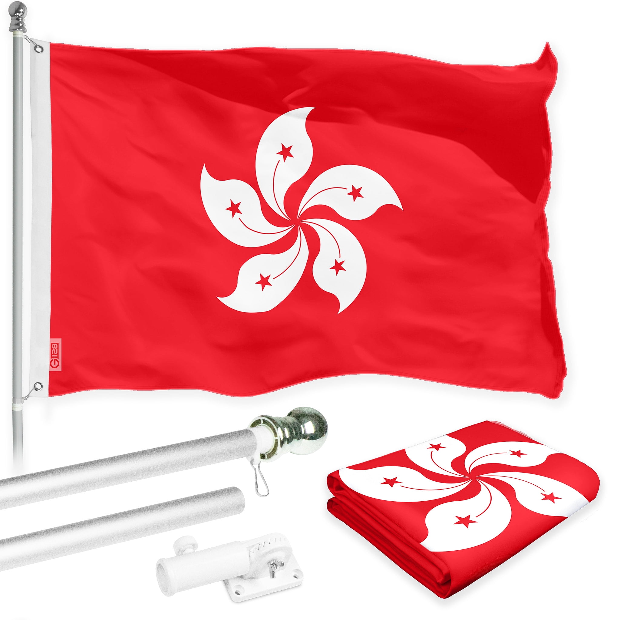 G128 Combo Pack: 6 Ft Tangle Free Spinning Flagpole (Silver) & Hong ...