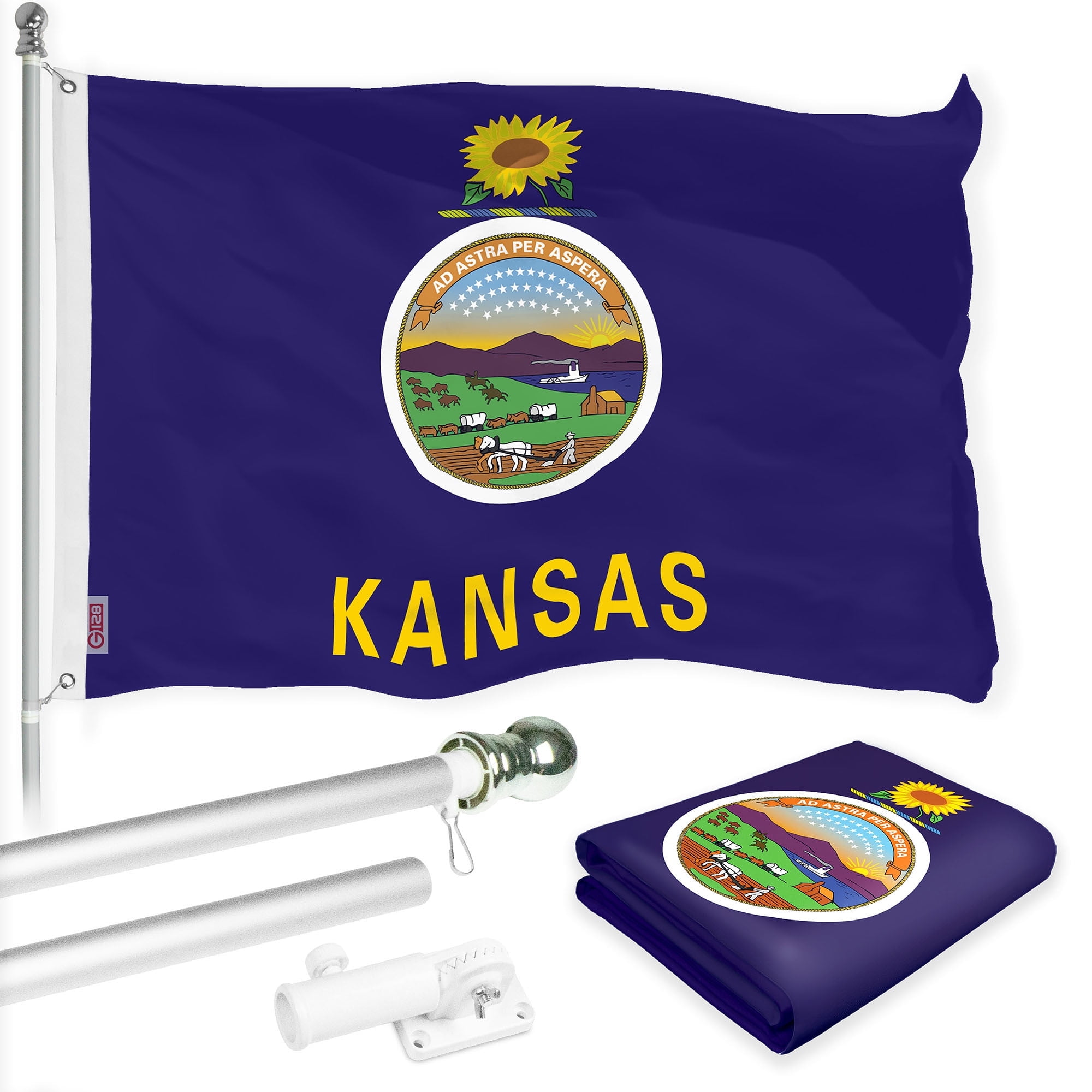 G128 Combo Pack: 6 Ft Tangle Free Spinning Flagpole (Silver) & Kansas ...