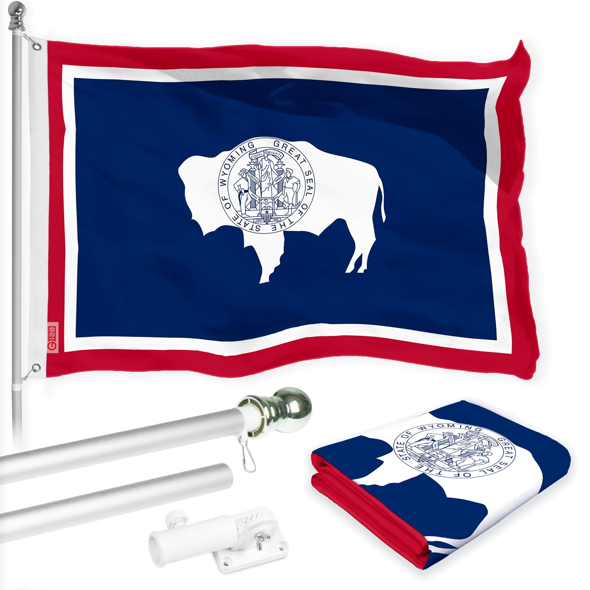 G128 Combo Pack: 6 Ft Tangle Free Spinning Flagpole (Silver) & Wyoming ...