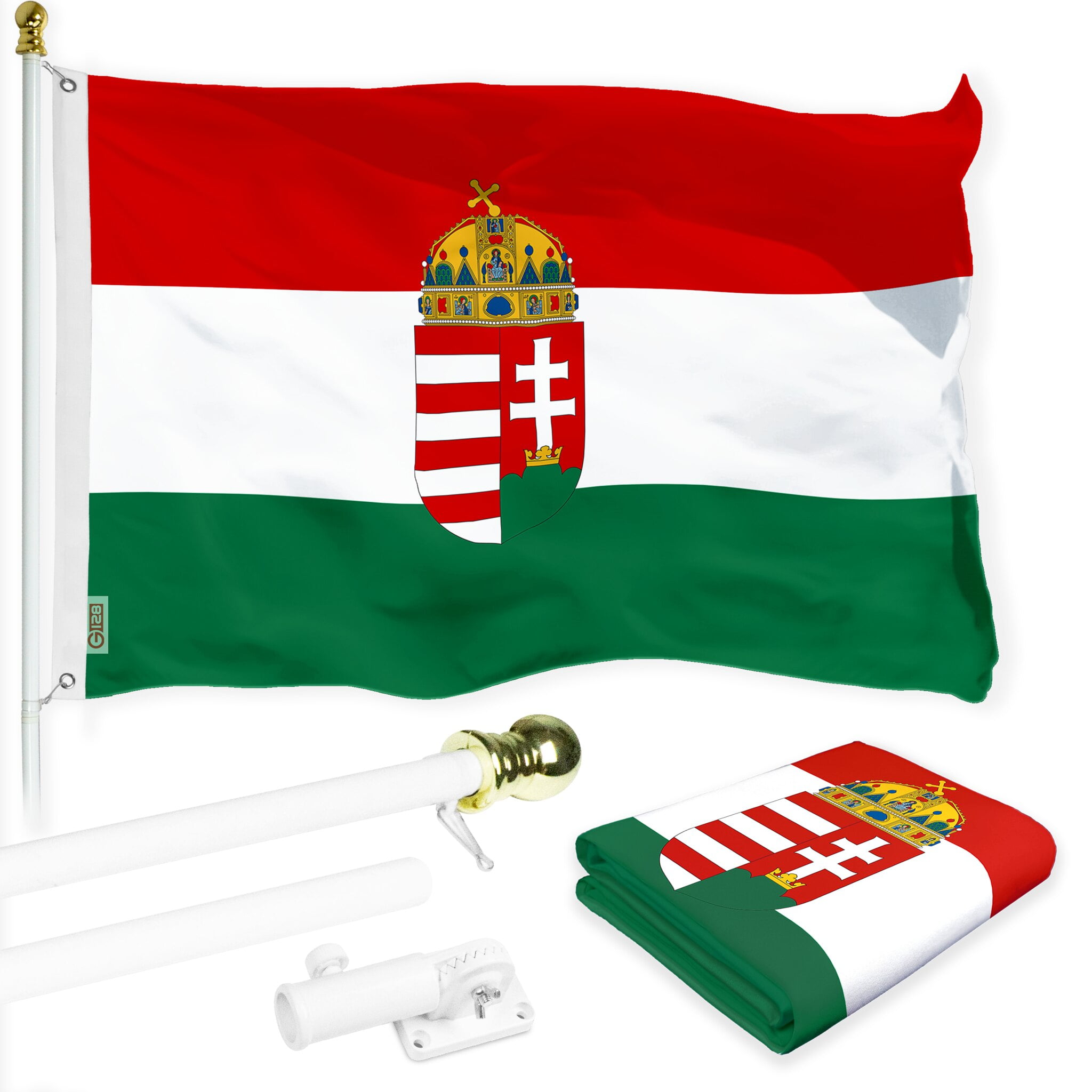 G128 Combo Pack: 6 Ft Tangle Free Spinning Flagpole (White) & Hungary ...