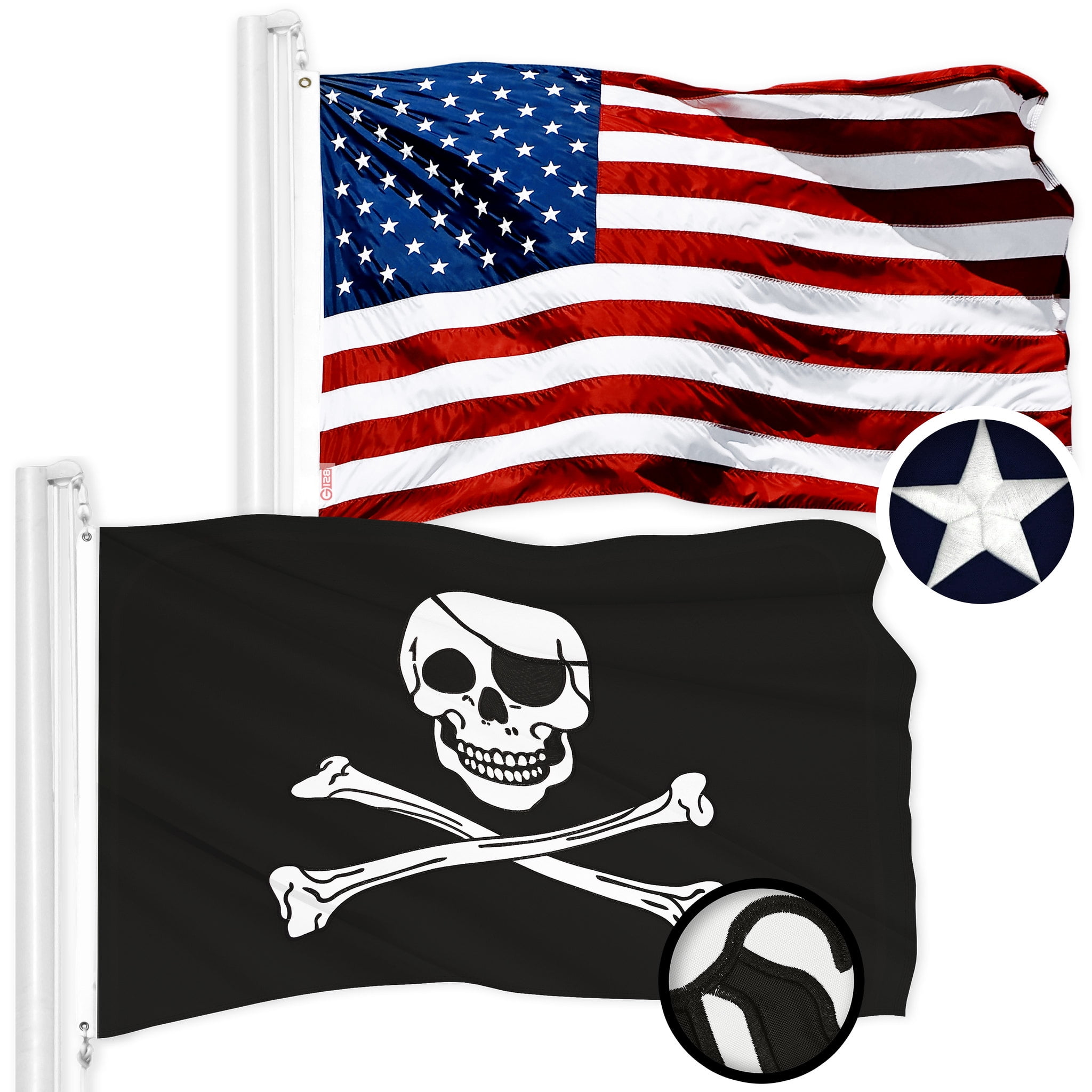 G128 Combo Pack: American USA Flag 2.5x4 Ft & Pirate Jolly Roger Bones ...