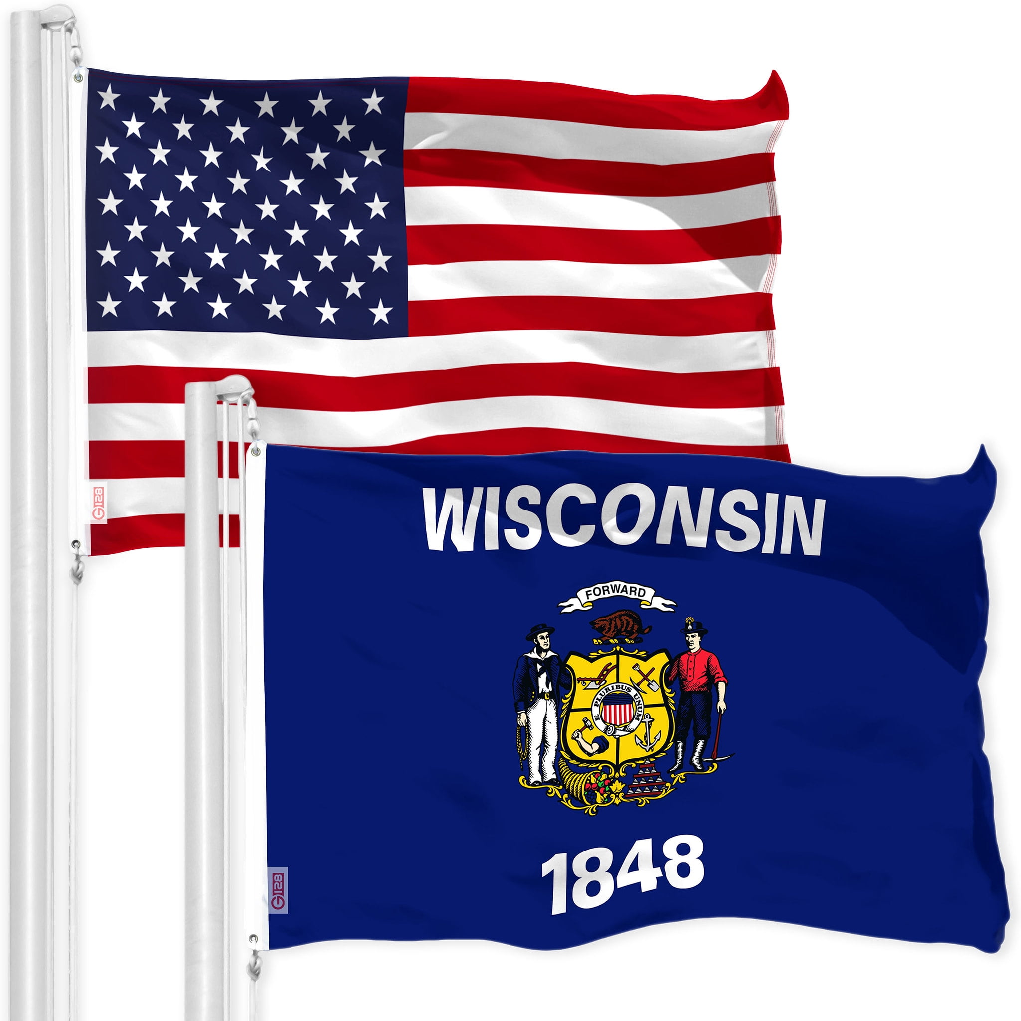 G128 Combo Pack: American USA Flag 3x5 Ft 150D & Wisconsin WI State ...