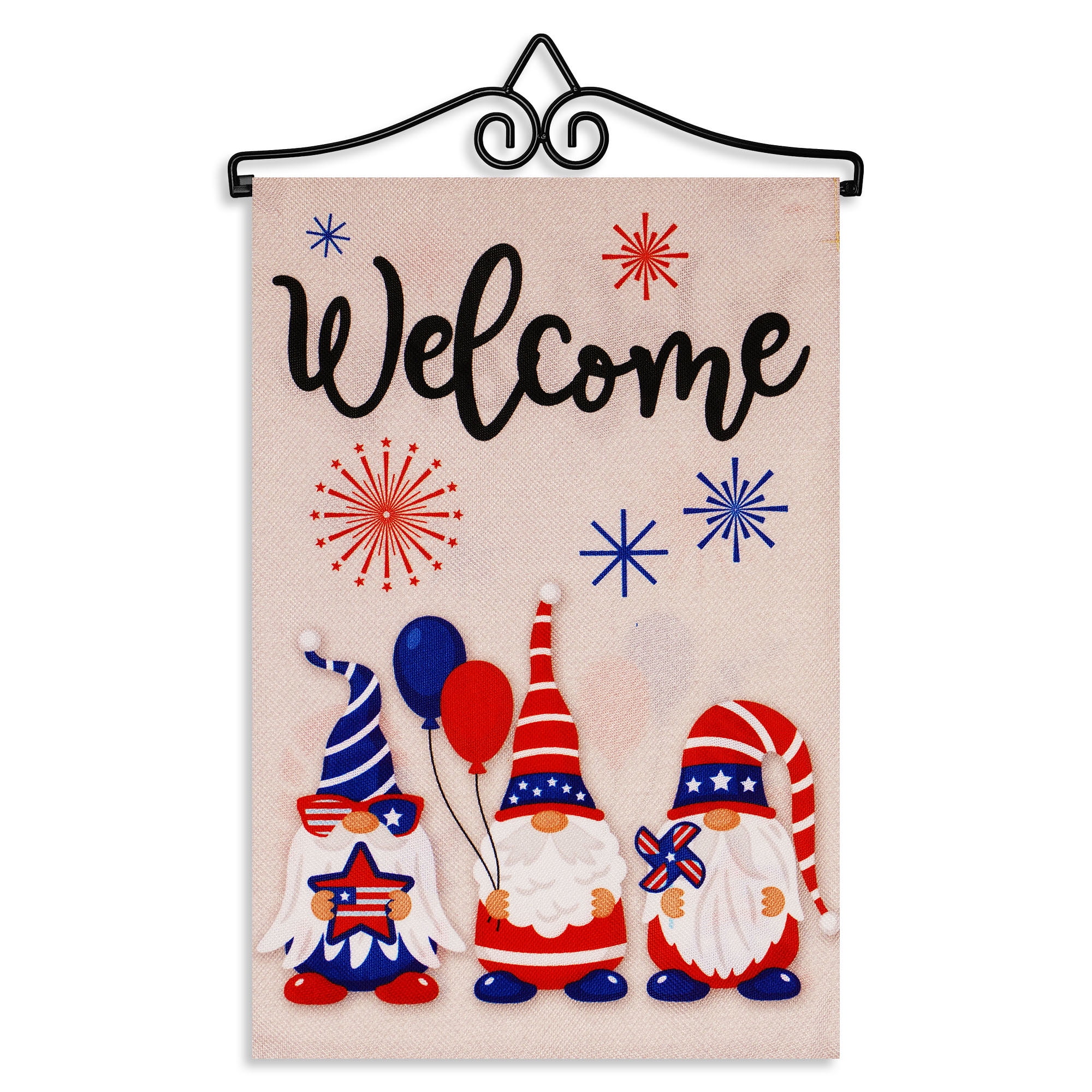 G128 Combo Pack Garden Flag Hanger 14IN & Garden Flag Welcome 3 Gnomes ...