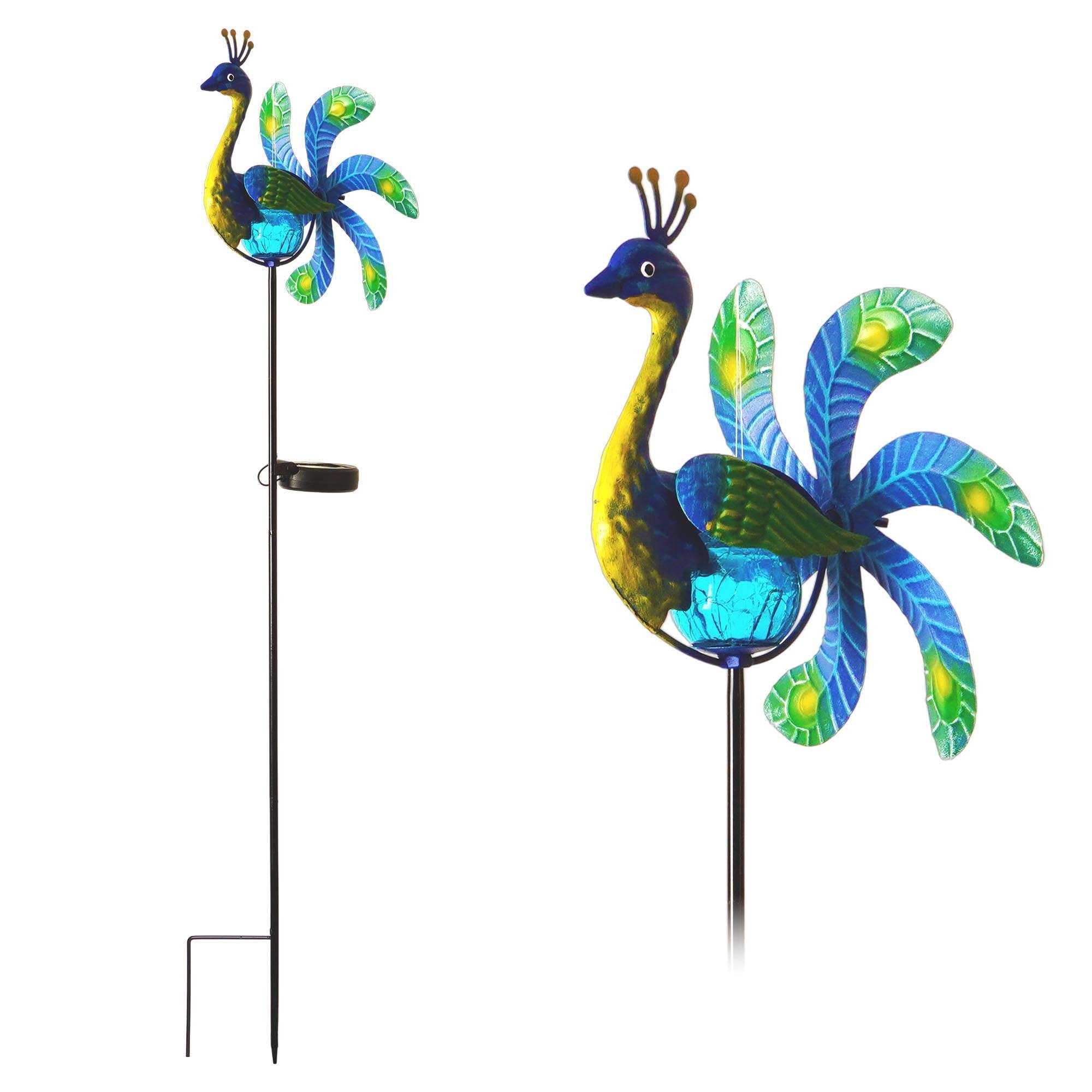 G128 38" Solar Peacock Wind Spinner Stake Outdoor Garden Patio Backyard ...
