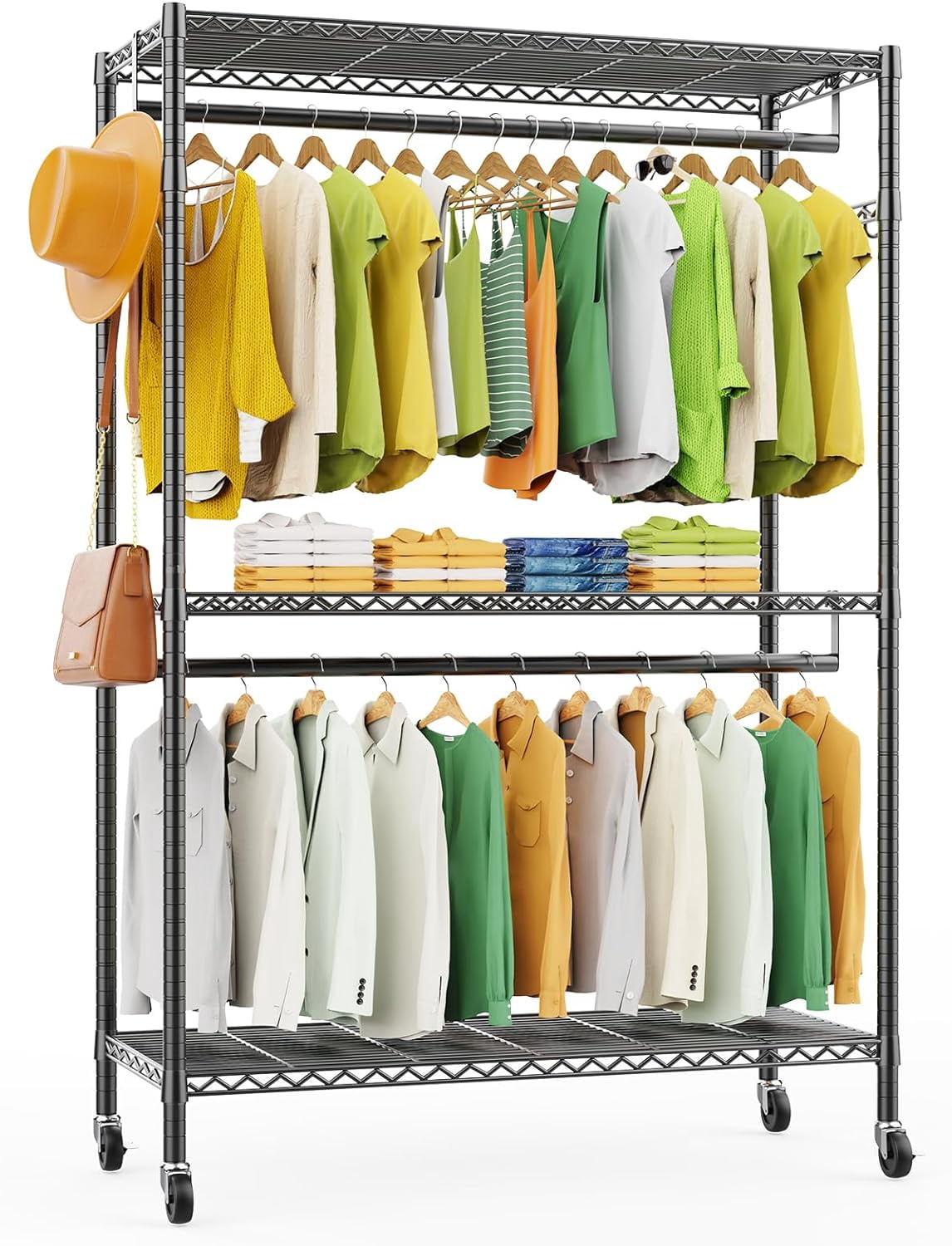 G1L 3 Tiers Garment Rack with Storage Shelves, Heavy Duty Rolling Free ...