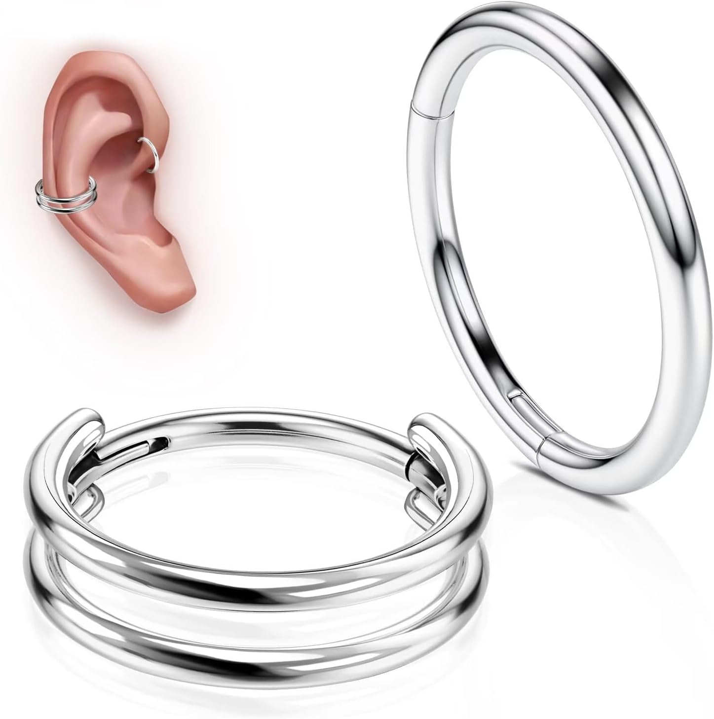 G23 Titanium Conch Piercing Jewelry Set: 16G 8mm/10mm/12mm Double/Triple Hoop Nose Septum Rings ...