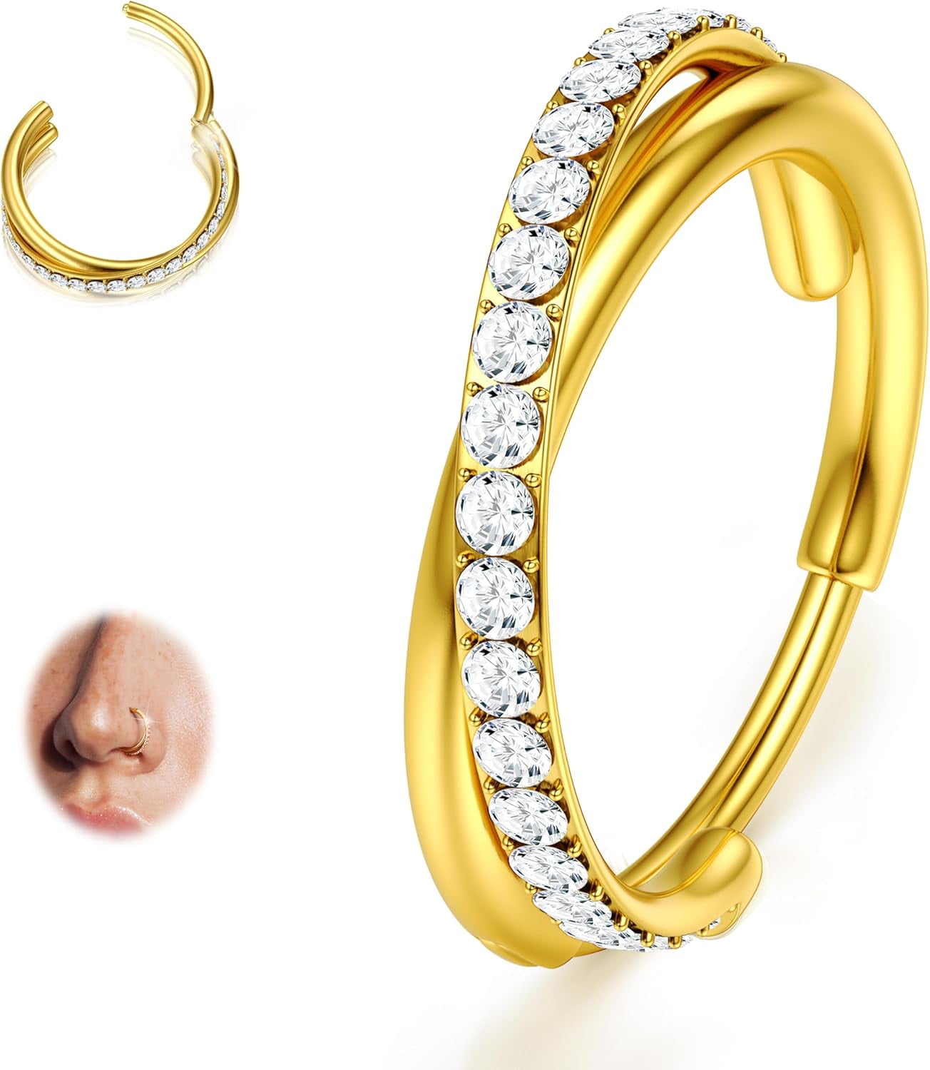 G23 Titanium Nose Rings Hoops - AB/Rainbow/Clear CZ Nose Piercings 16/18/20G Septum Rings ...