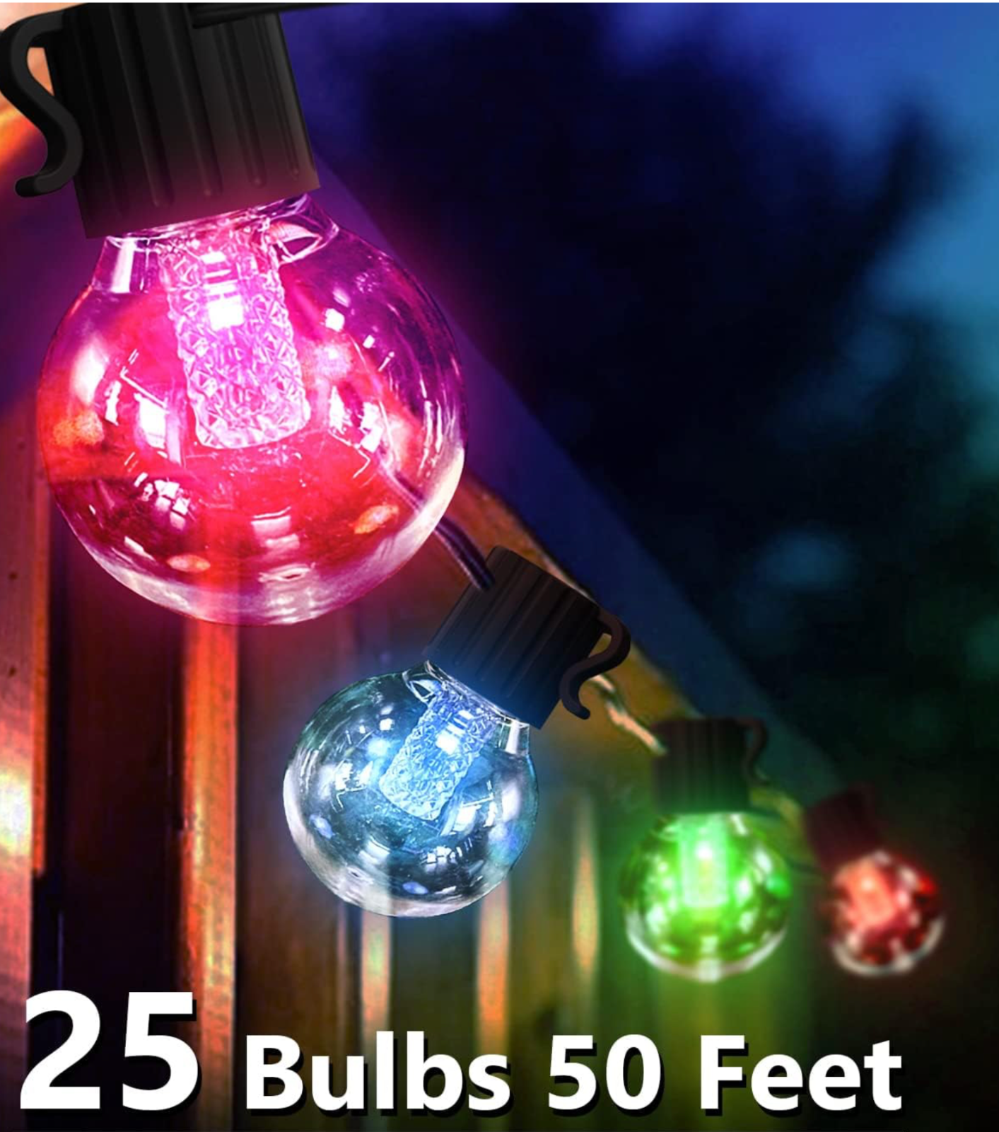 G40 Solar Power Auto ON/OFF String Led Lights RGB 25Bulbs 50FT IP65 ...