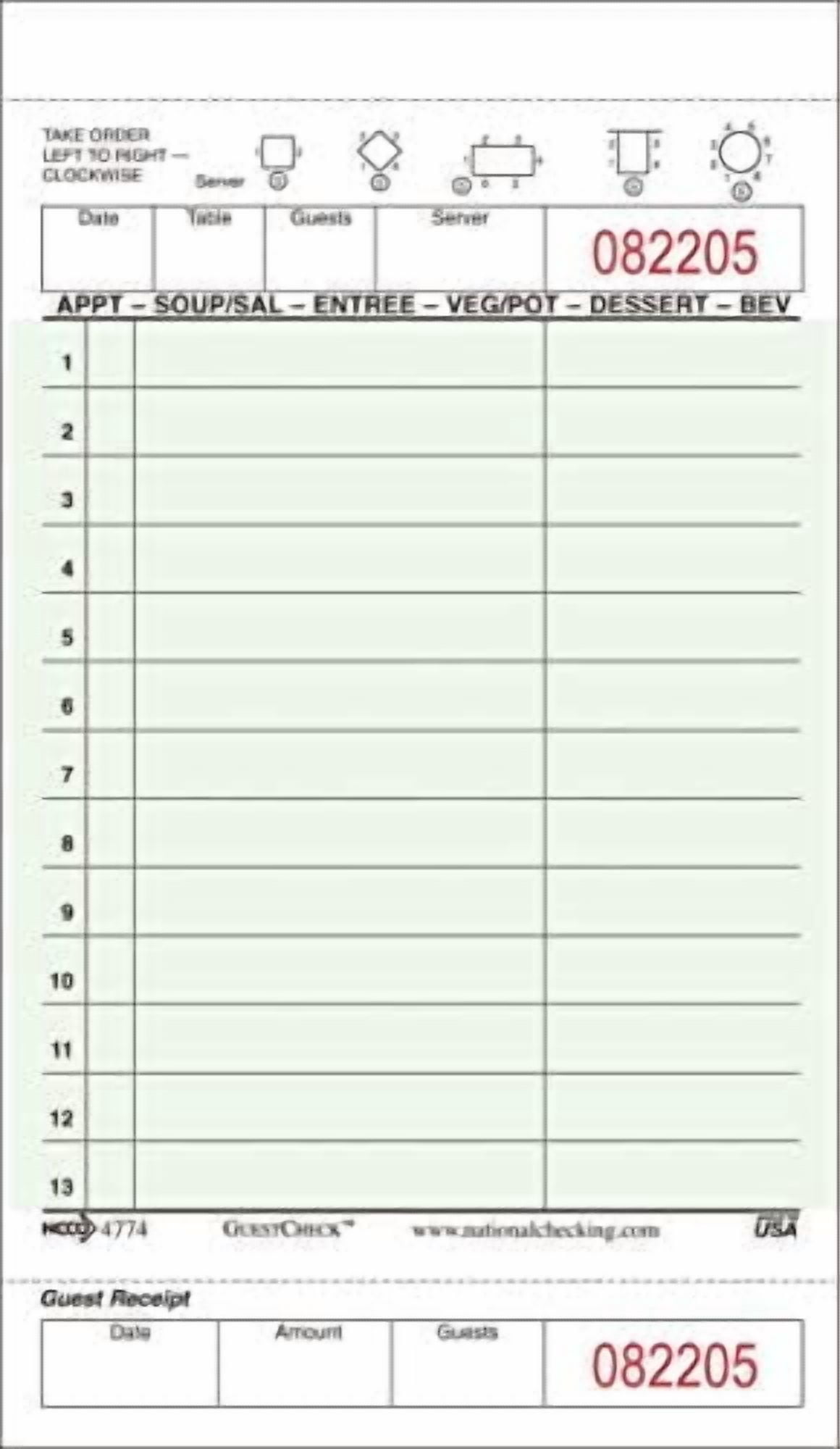G4774SP NCC 1 Pt 13 Line Guest Check Cardboard 4.20" x 7.25" Green 2500 ...