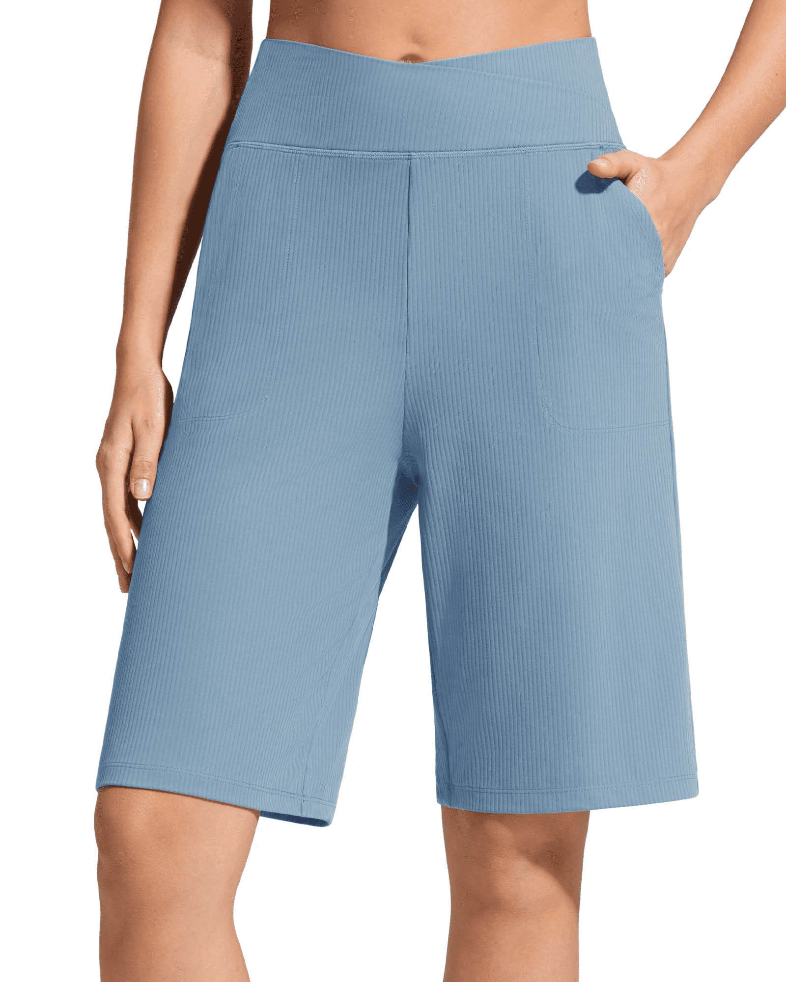 G4Free Ribbed Bermuda Shorts for Women 10"/11“ High Waisted Crossover ...