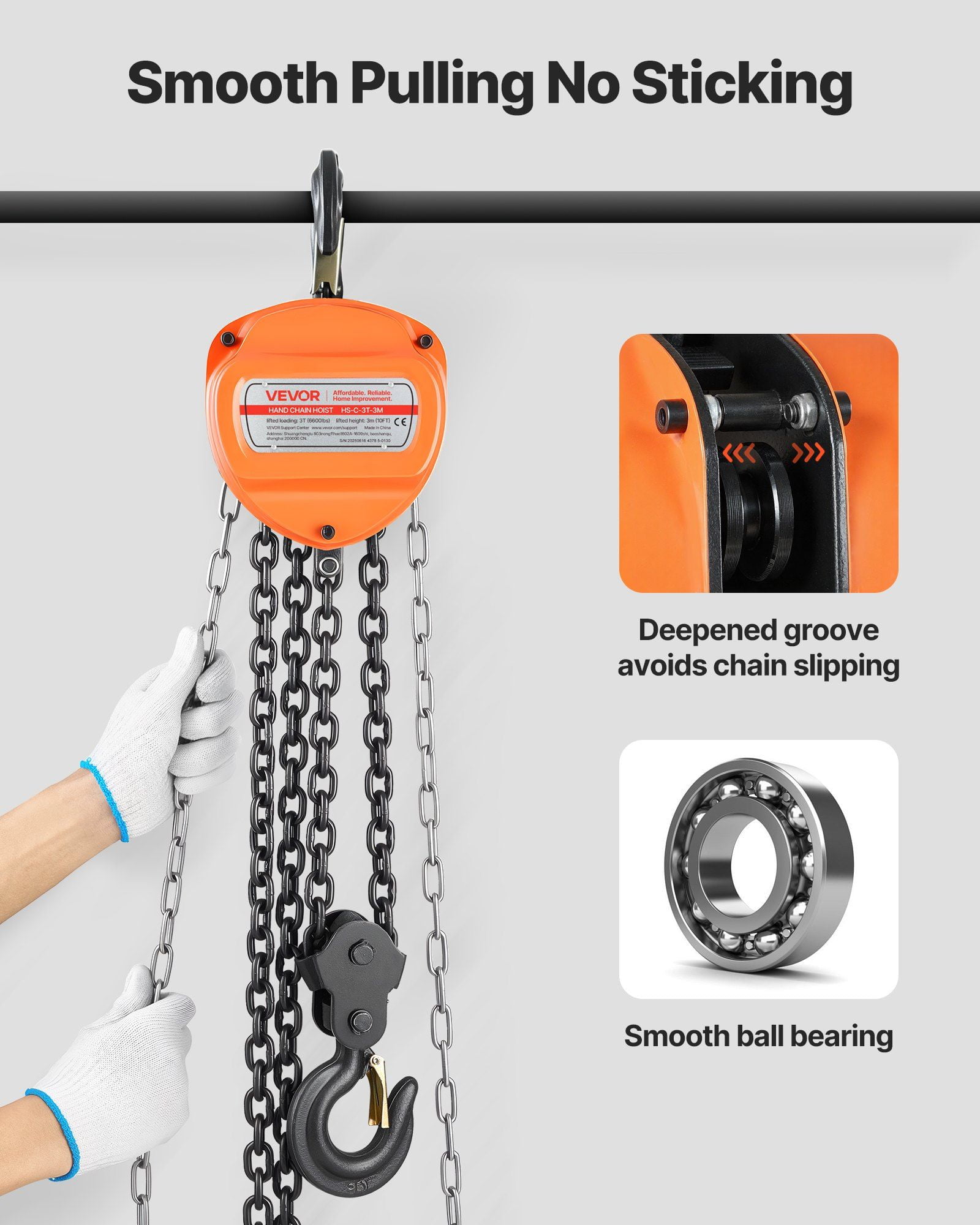 G80 Galvanized Chain Hand Hoist, 3 Ton (6600 lbs) Manual Operation, 10 ...