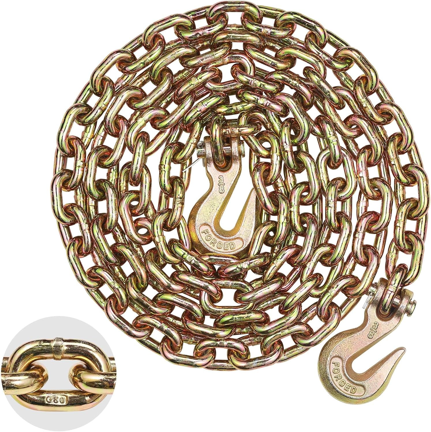 G80 Transport Binder Chain, 3/8" x 10.3' Tow Chain with Clevis Grab Hooks, 7100 lbs Safe Working ...