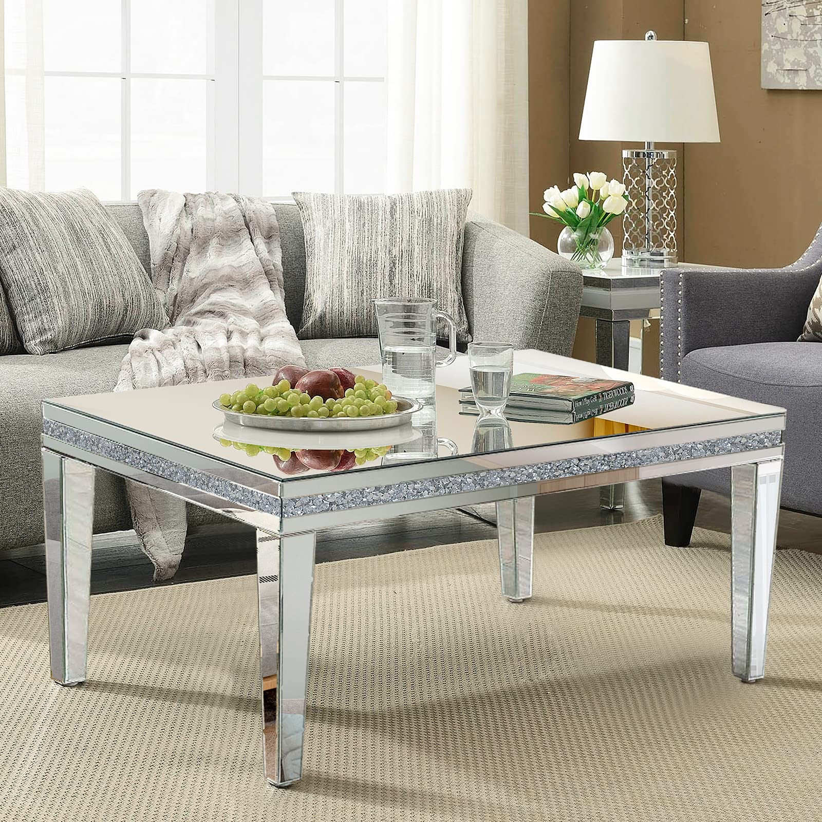 Glam Mirrored Coffee Table Crystal Diamond Accent Table Leisure Table ...