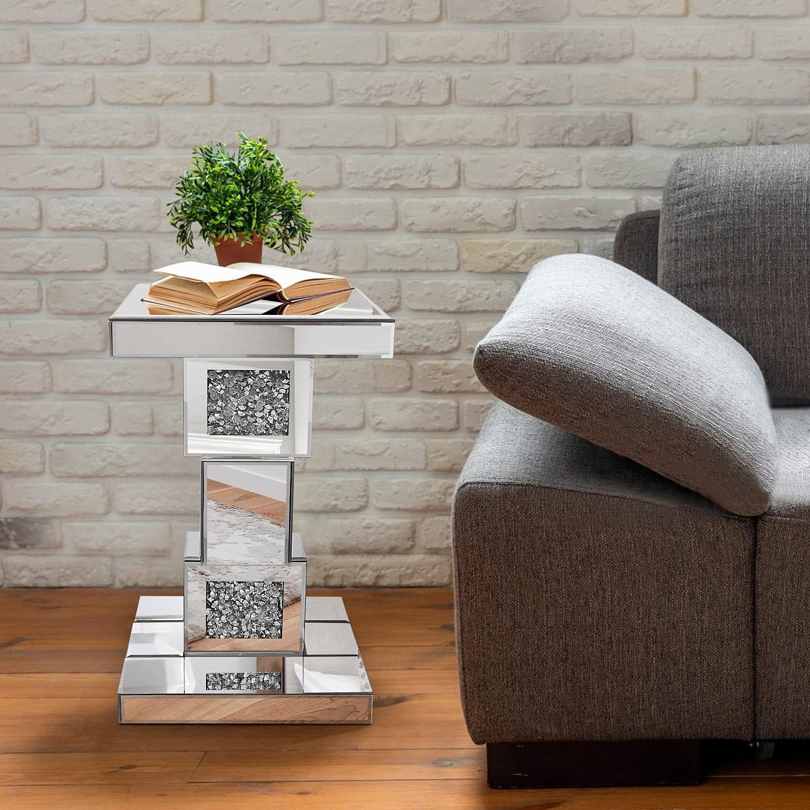 GA Home Silver Mirrored End Table With Crystal Inlay, Modern Side Table ...