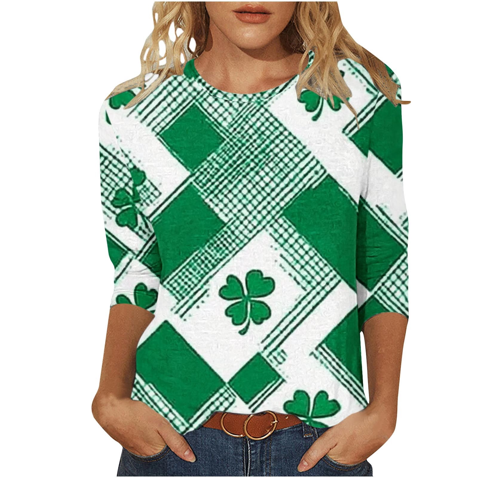 GA WEIHUA 2025 Irish Clover Print Tunic Tops Womens 3/4 Sleeve Shirts ...