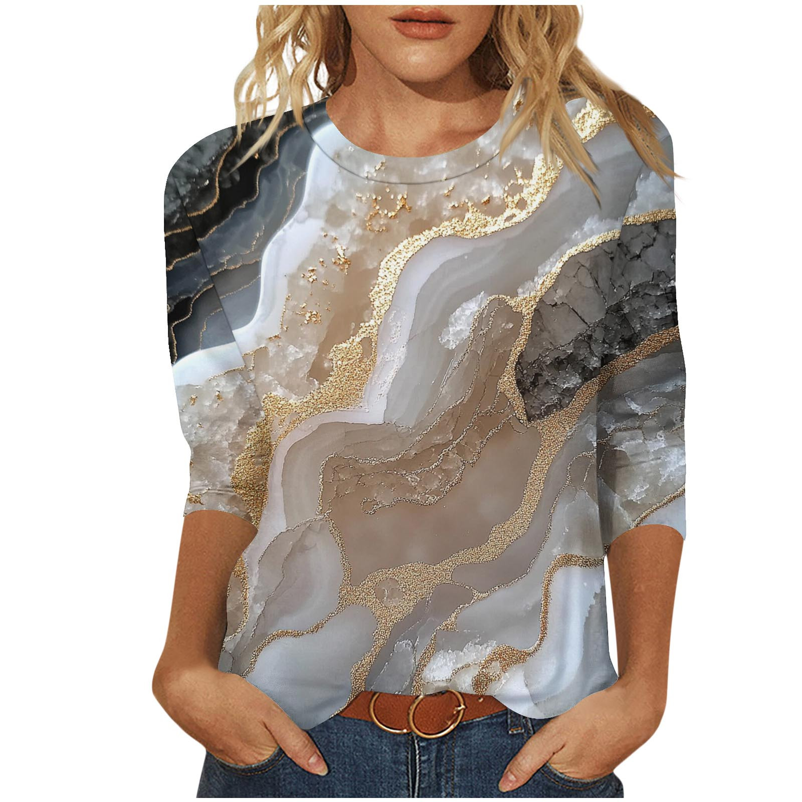 GA WEIHUA 3/4 Length Sleeve Womens Tops Basic Summer Print Tees Round ...