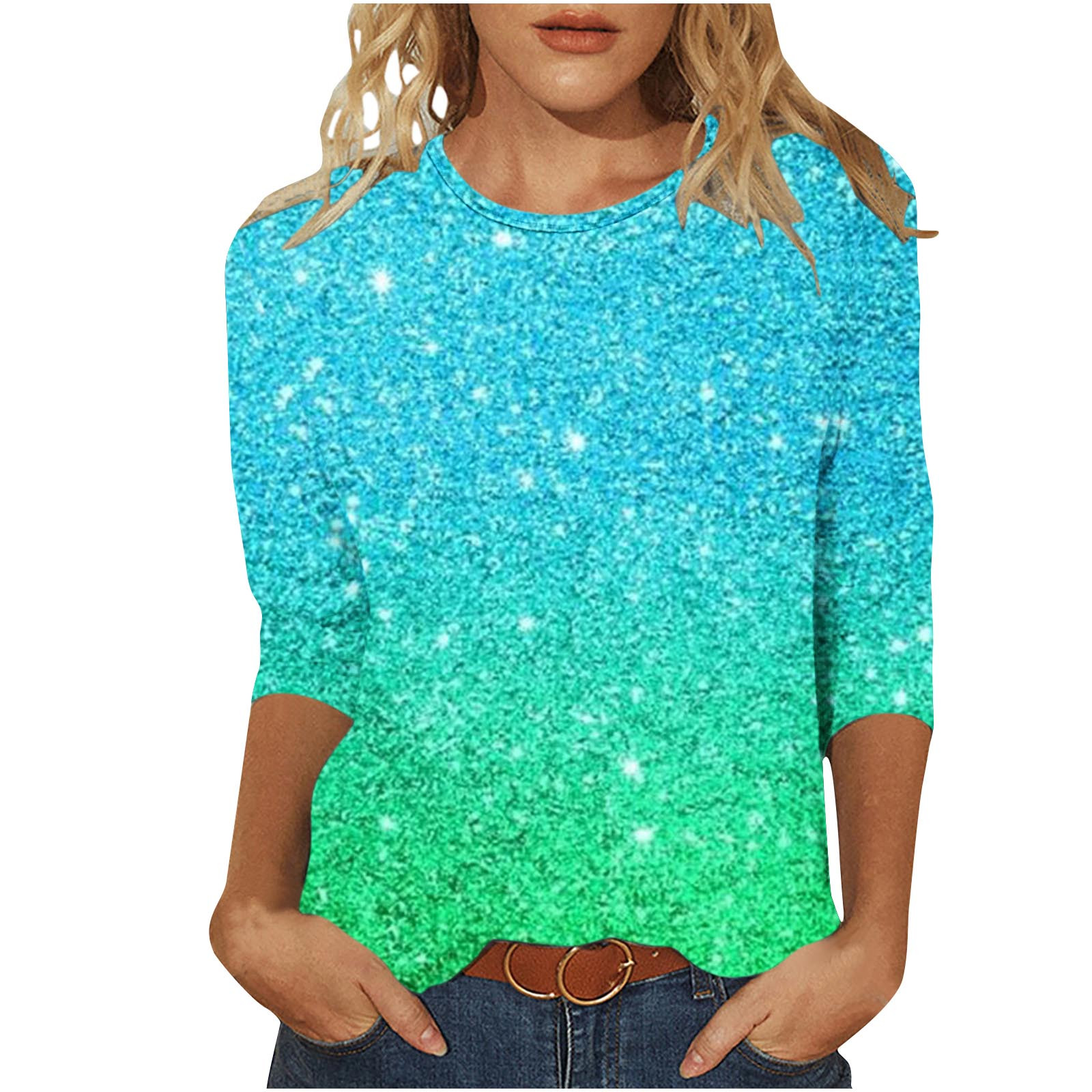 GA WEIHUA Deals,Womens 3/4 Sleeve Tops Casual Gradient Sparkle Print ...
