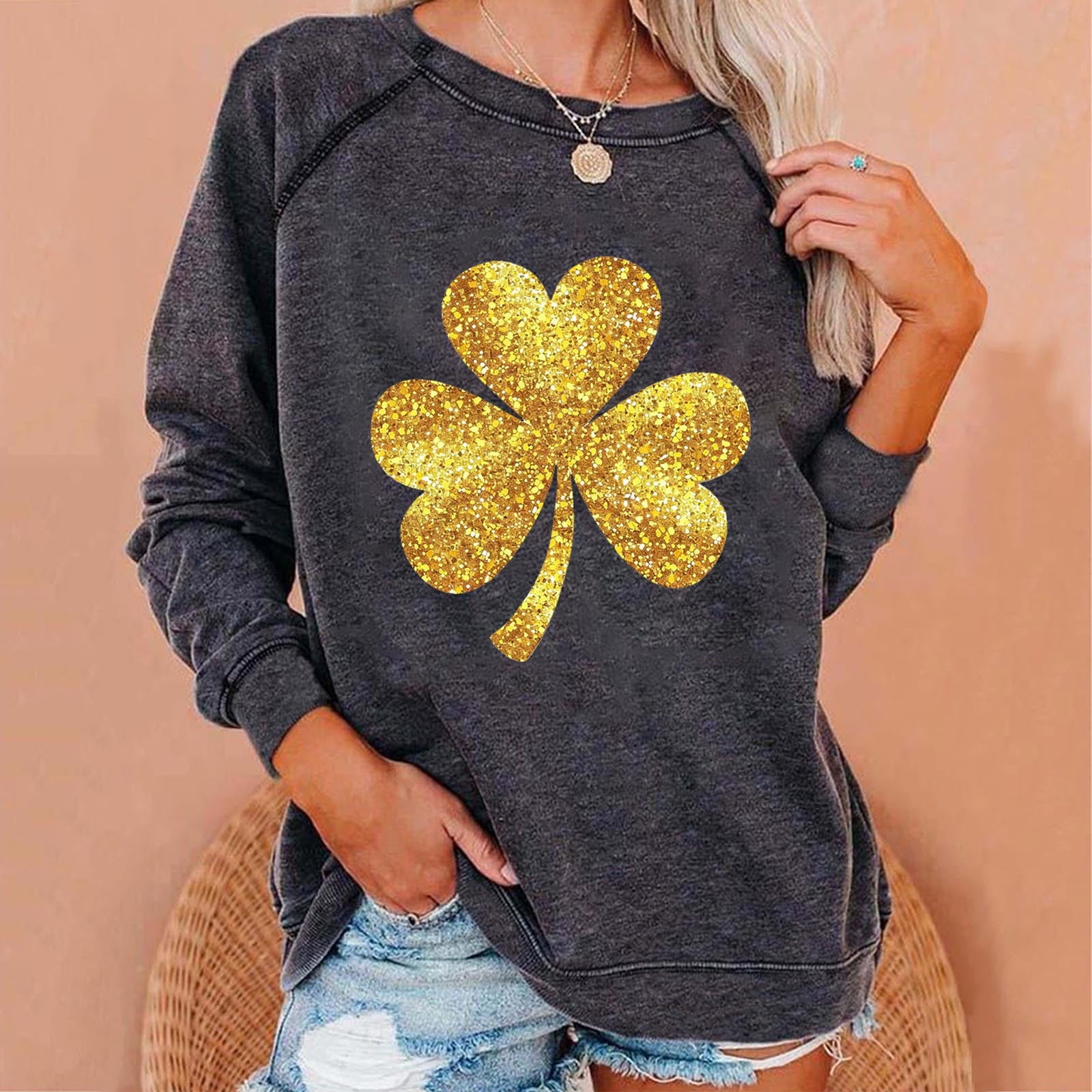 GA WEIHUA Flash DealsWomens Crewneck Sweatshirt Lucky Clover Sequin Glitter Graphic Tees Irish ...