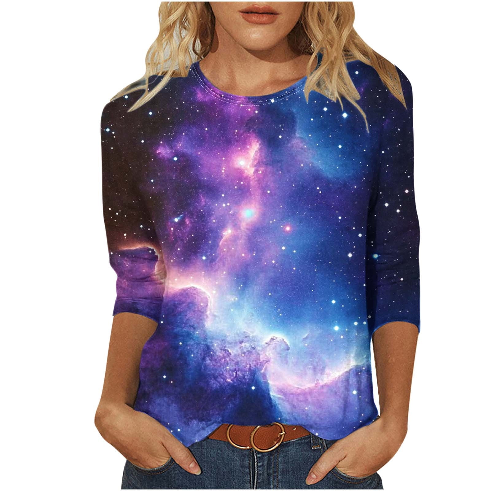 GA WEIHUA Galaxy Starry Sky Printed Shirts for Women 3/4 Sleeve Tshirts ...