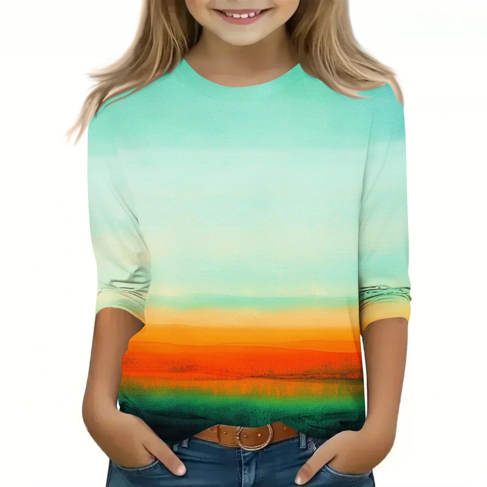 GA WEIHUA Girls' Crewneck Shirt Striped Color Block T Shirts Casual 3/4 ...