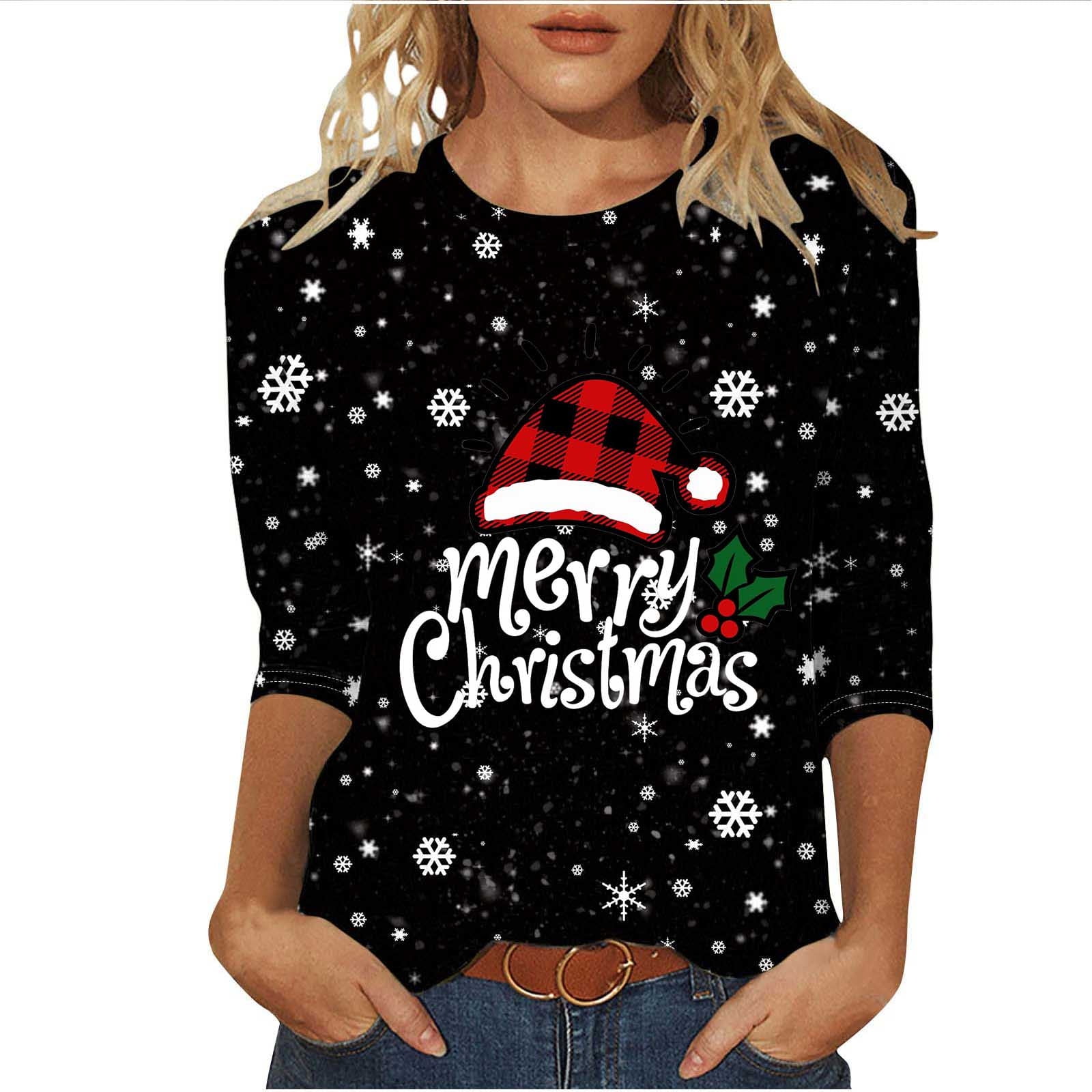 GA WEIHUA Glitter Christmas Tops for Women 2024 Red Wine Glass Graphic 3/4 Sleeve Shirts ...