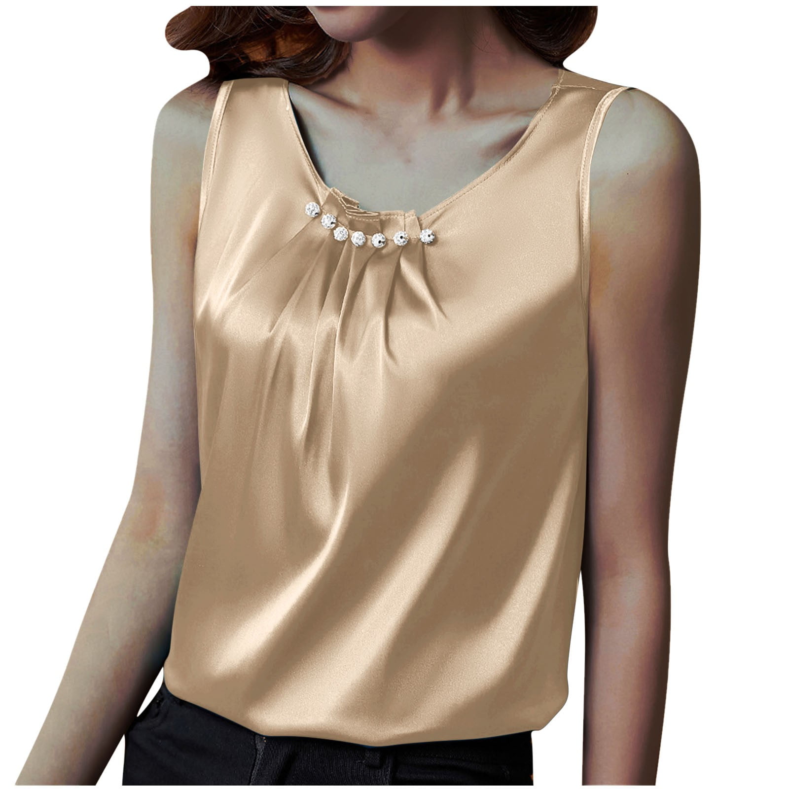 GA WEIHUA Satin Tank Tops for Women Pleated Crewneck Camisole Dressy ...