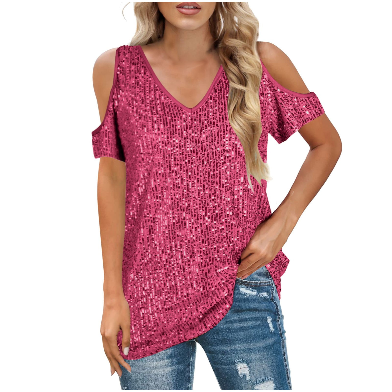 GA WEIHUA Summer Sequin Shirts Women Glitter Sparkly Cold Shoulder Tops ...