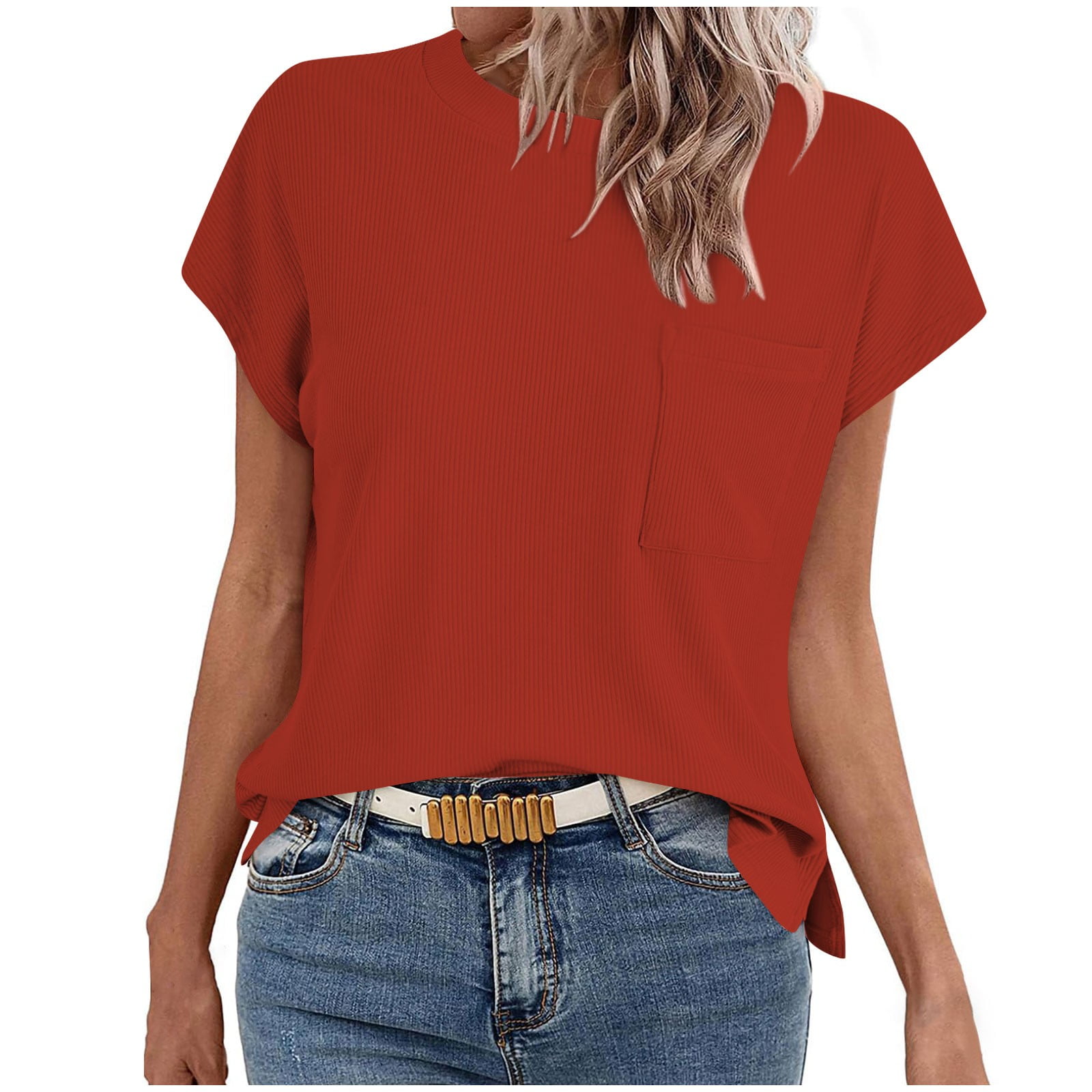 GA WEIHUA Women Ribbed Knit Tops Fashion Short Batwing Sleeve Tee Shirt Crew Neck Pullovers ...