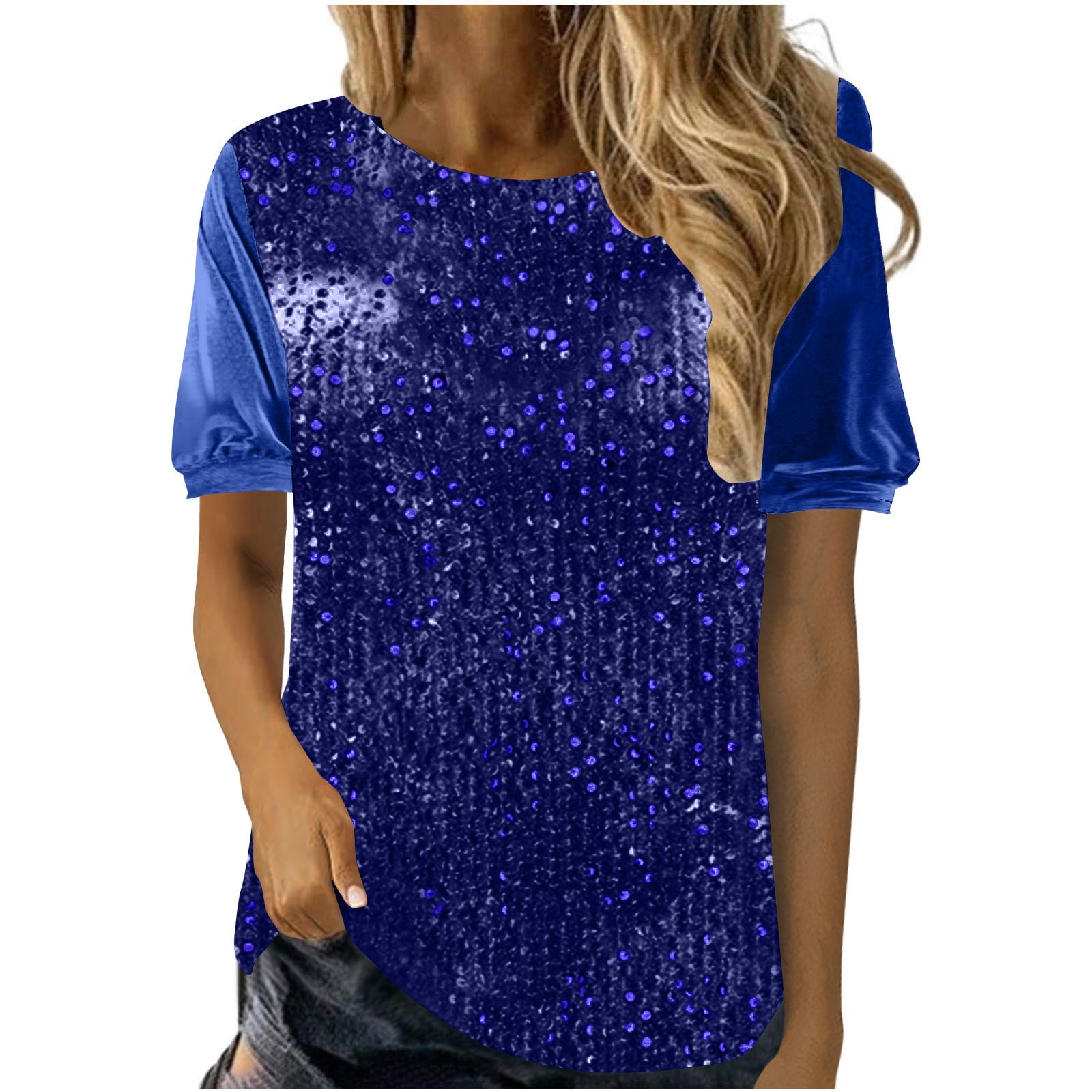 GA WEIHUA Women Sequin Tops Velvet Short Sleeve Shirts Shimmer Glitter ...