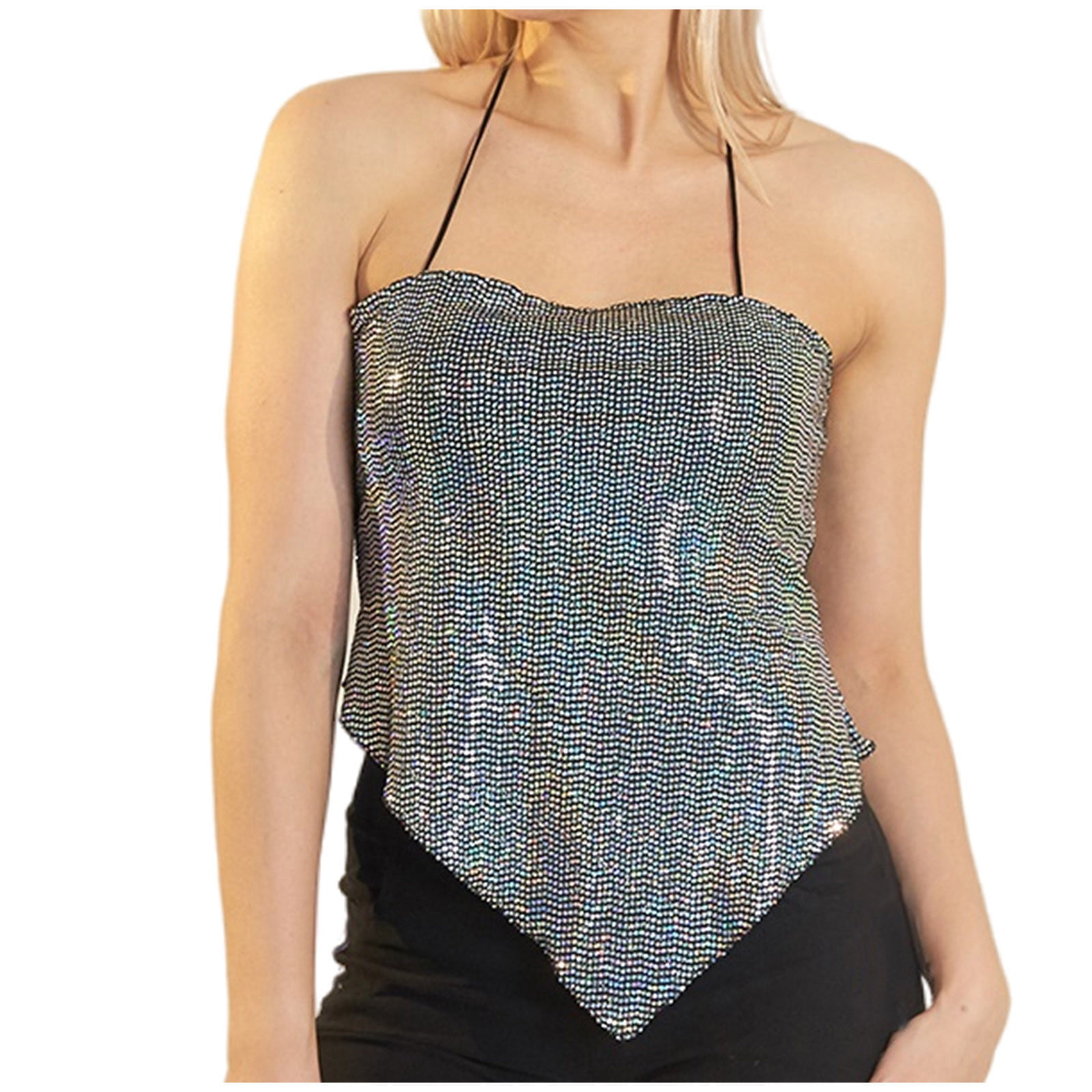 GA WEIHUA Women's Sequin Halter Tops Glitter Rhinestone Sleeveless ...