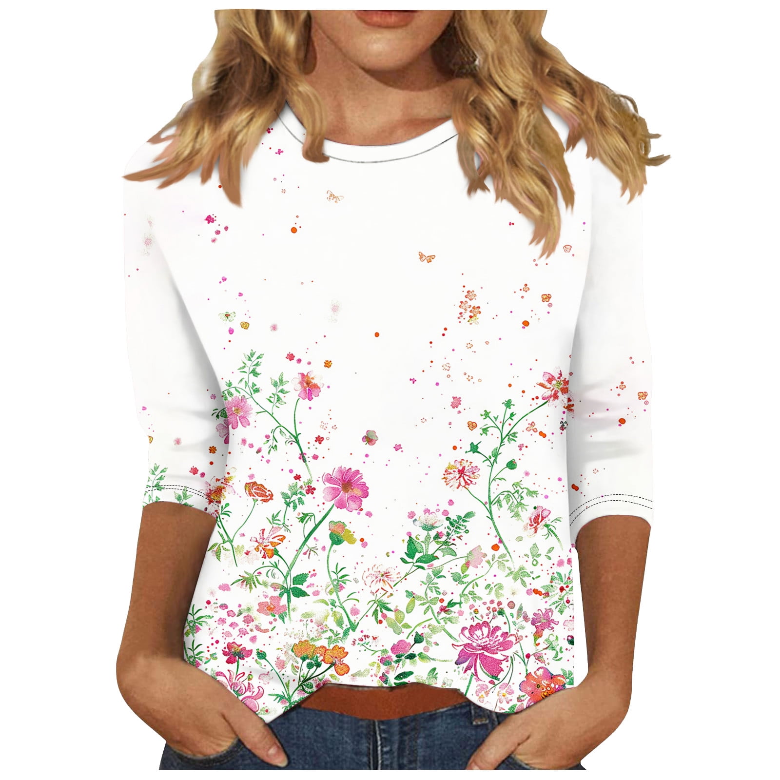 GA WEIHUA Women's Tops Summer Fashion 3/4 Sleeve Shirts Casual Floral Print Crewneck T Shirts ...