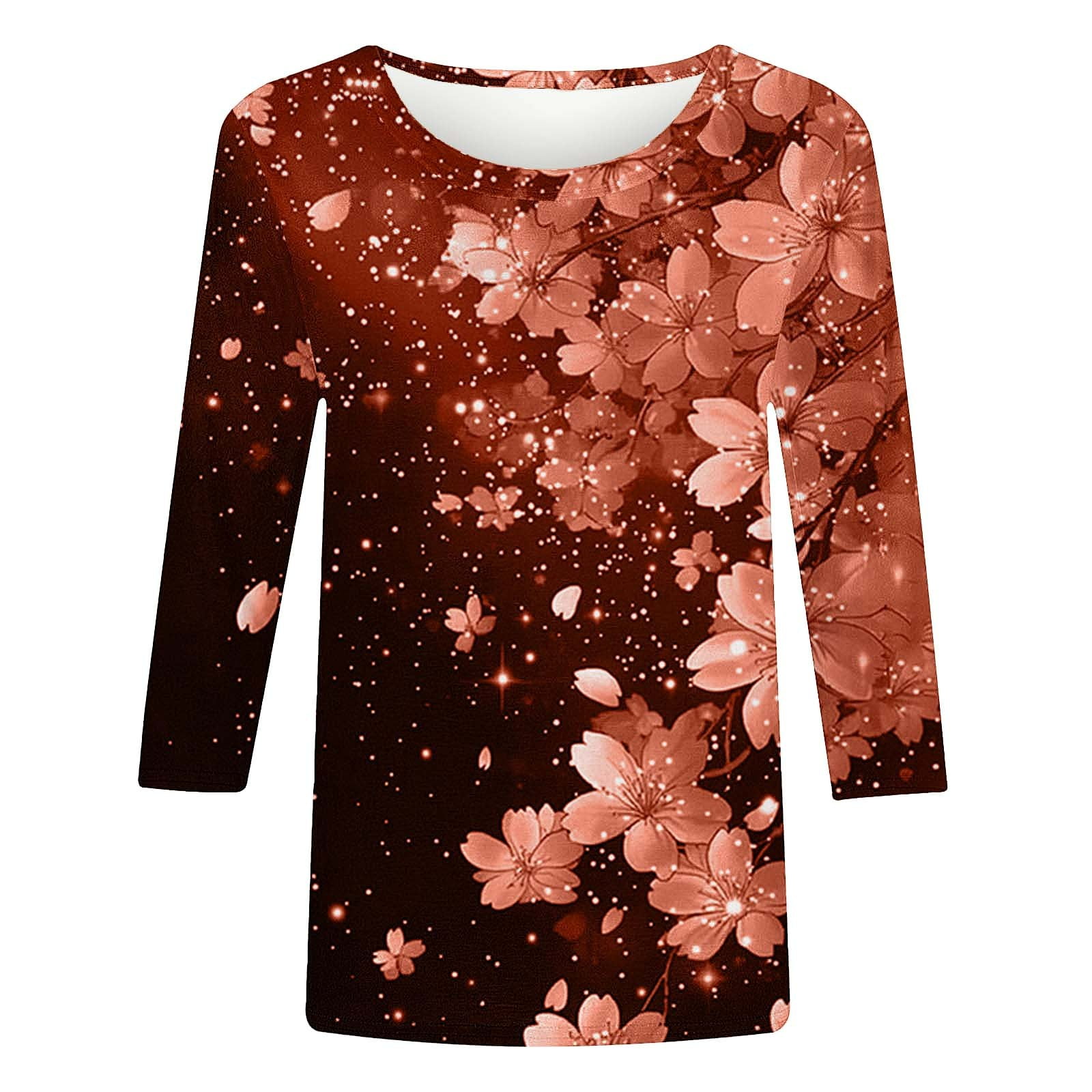 GA WEIHUA Womens Crew Neck 3/4 Sleeve Tops Fashion Plum Blossom Print ...