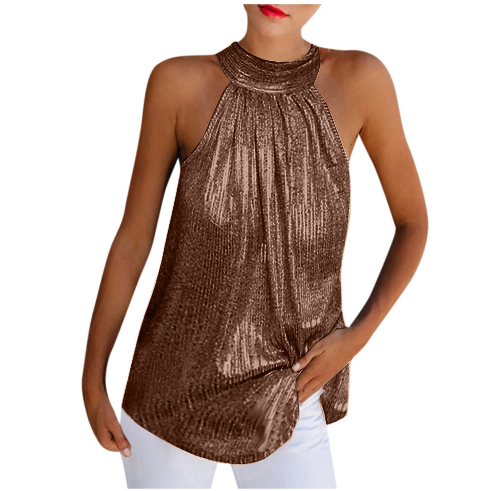 Ga Weihua Womens Elegant Halter Sleeveless Satin Blouse Back Zip Up