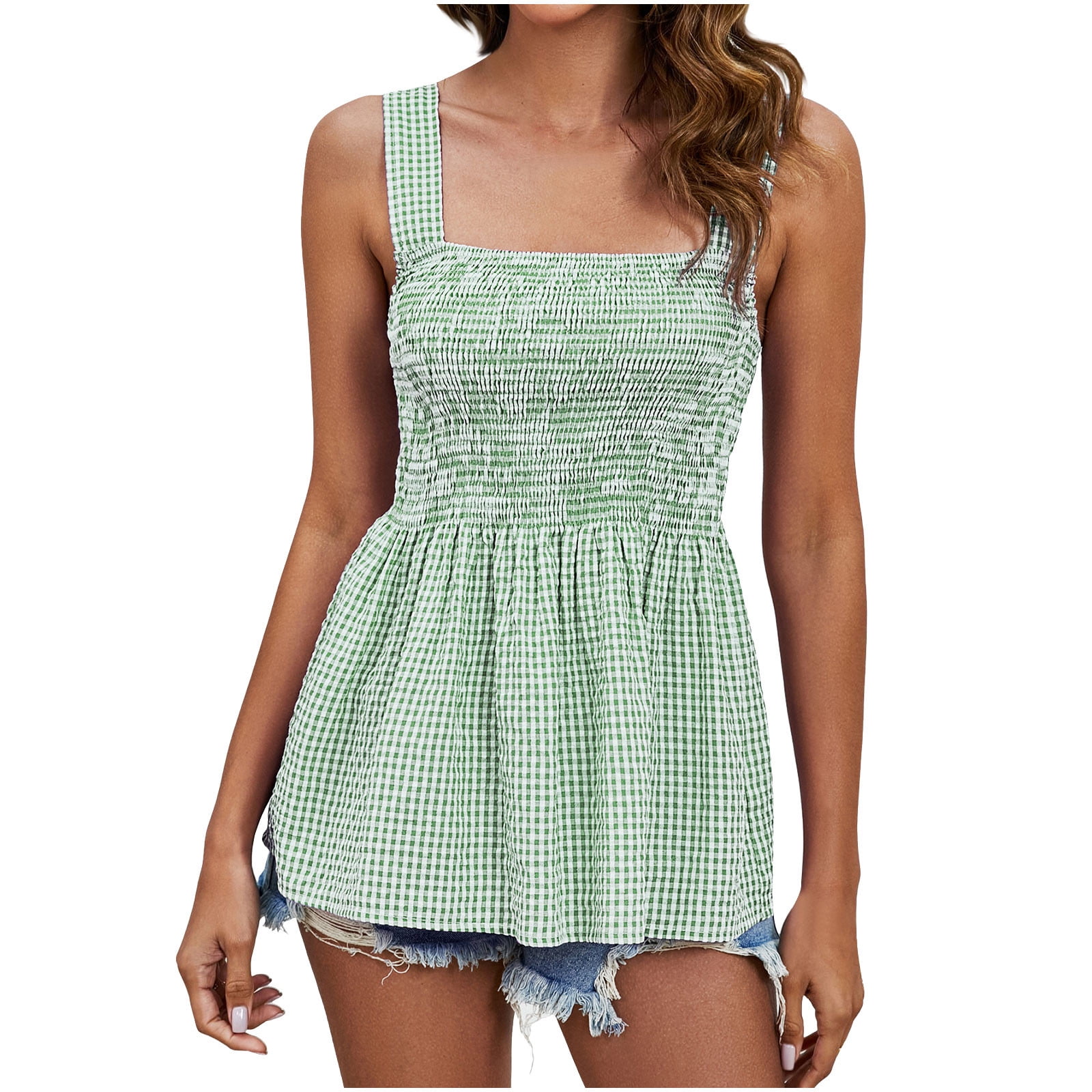 GA WEIHUA Womens Sleeveless Mini Dress Square Neck Plaid Sundresses ...