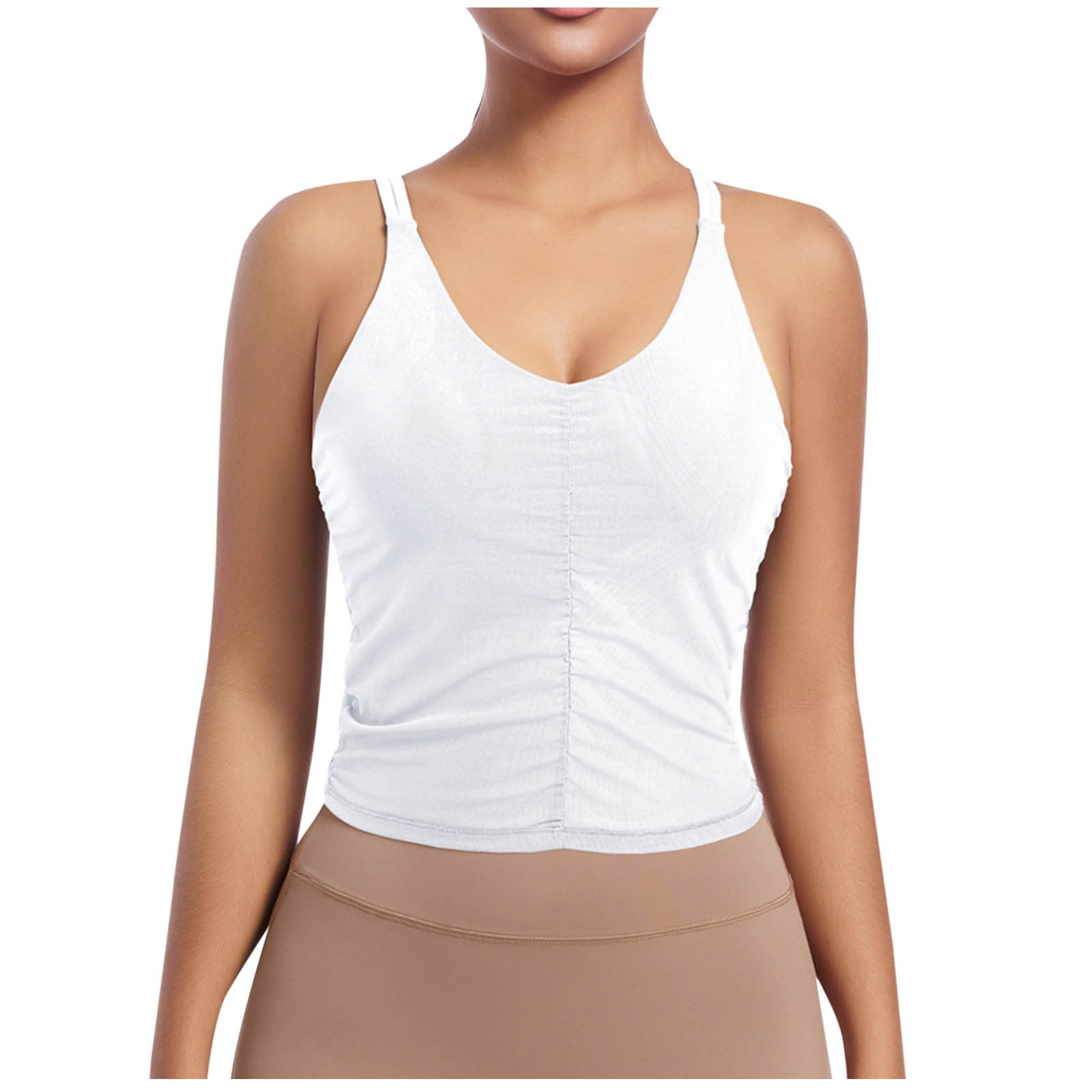GA WEIHUA Womens Workout Cropped Cami Ruched Summer Sleeveless Tank Tops Basic U Neck Support ...
