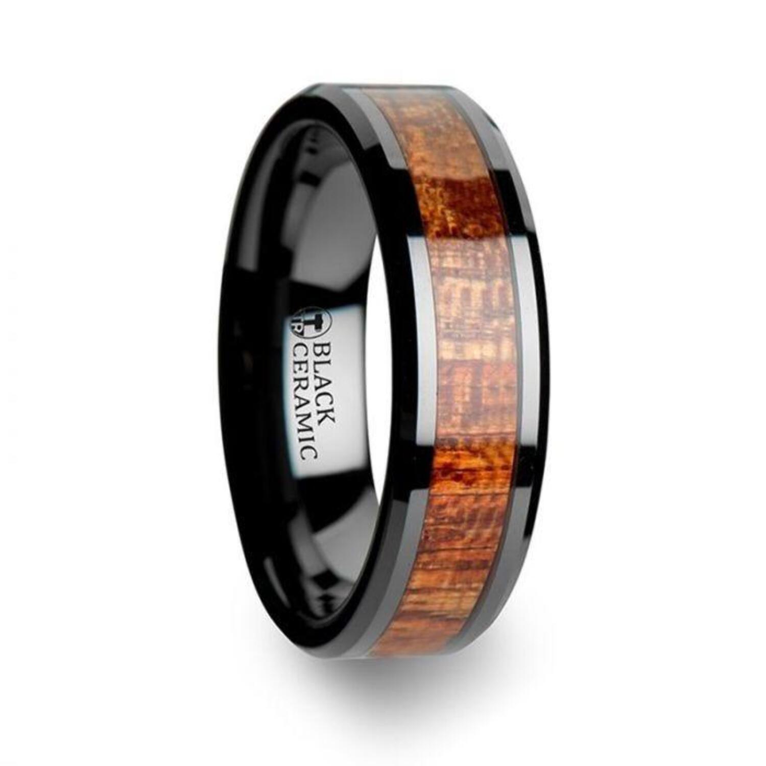 GABON Black Ceramic Band with Polished Bevels and Exotic Mahogany Hard ...