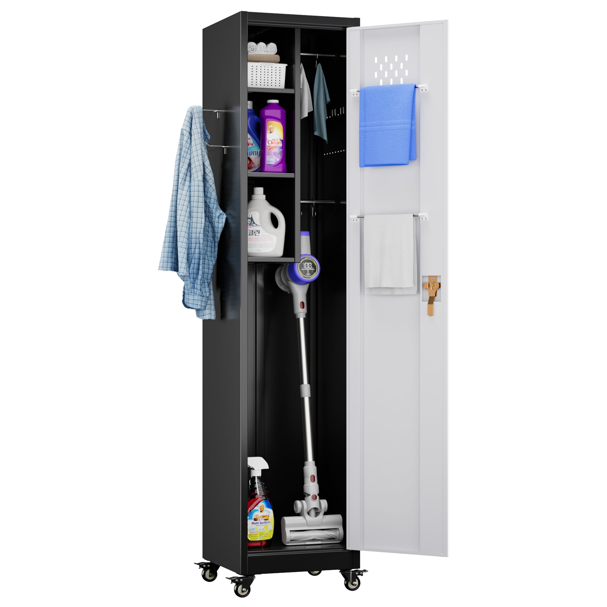 GAEANET 72''H Metal Broom Closet Storage Cabinet with Wheels ...